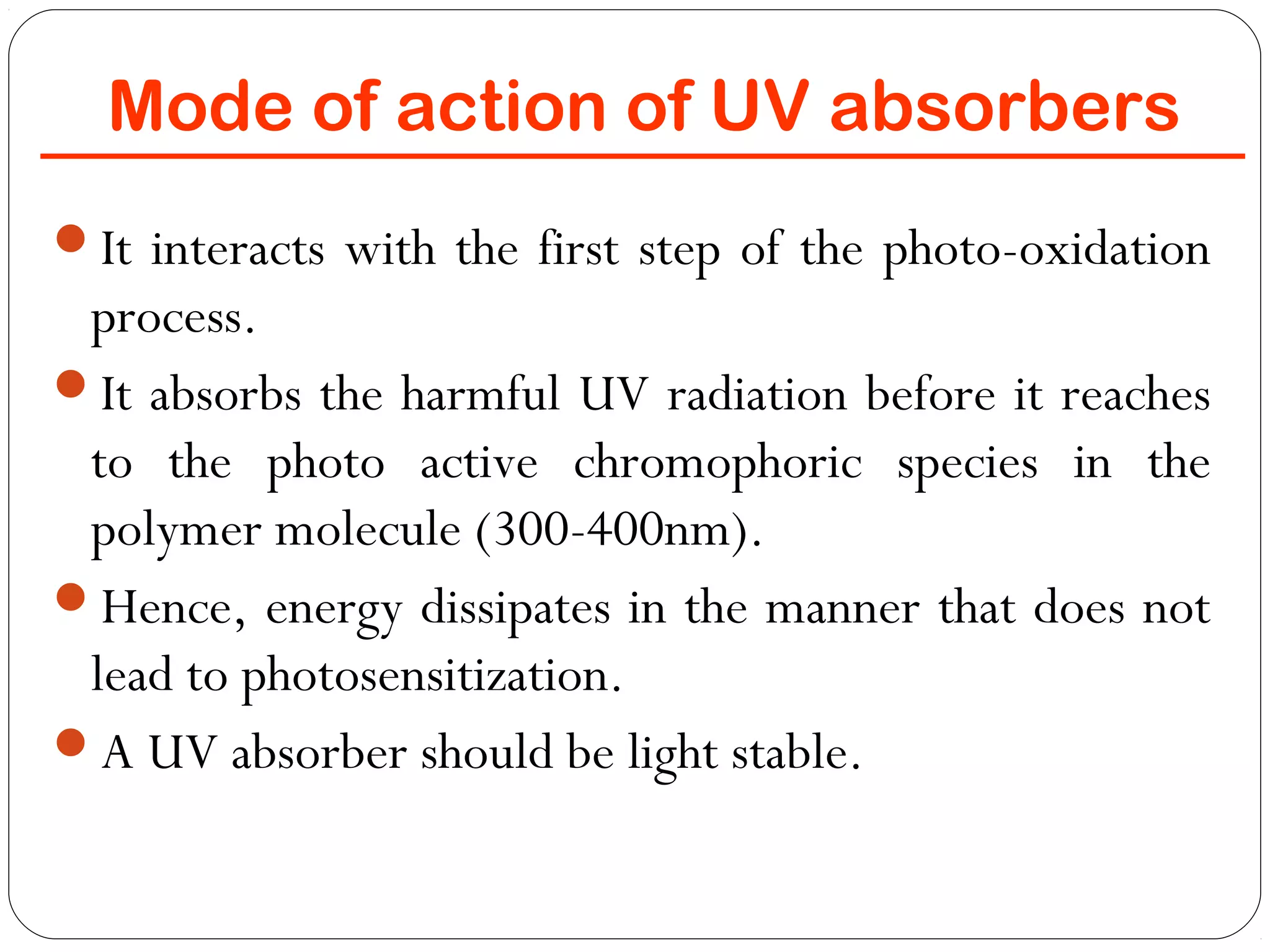 Presentation on photo degradation and photo stabilization of polymers | PPT