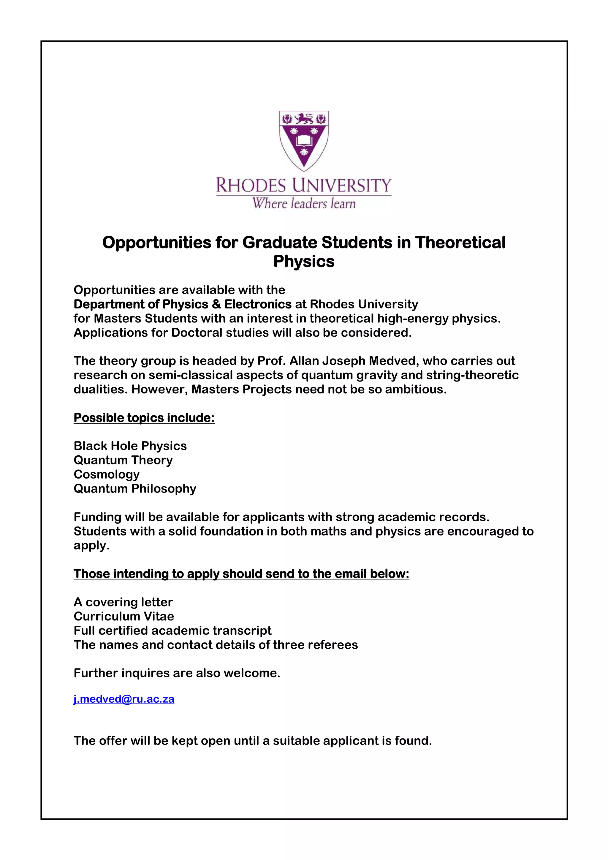 Prof Medved: opportunities for graduate students in theoretical physics ...