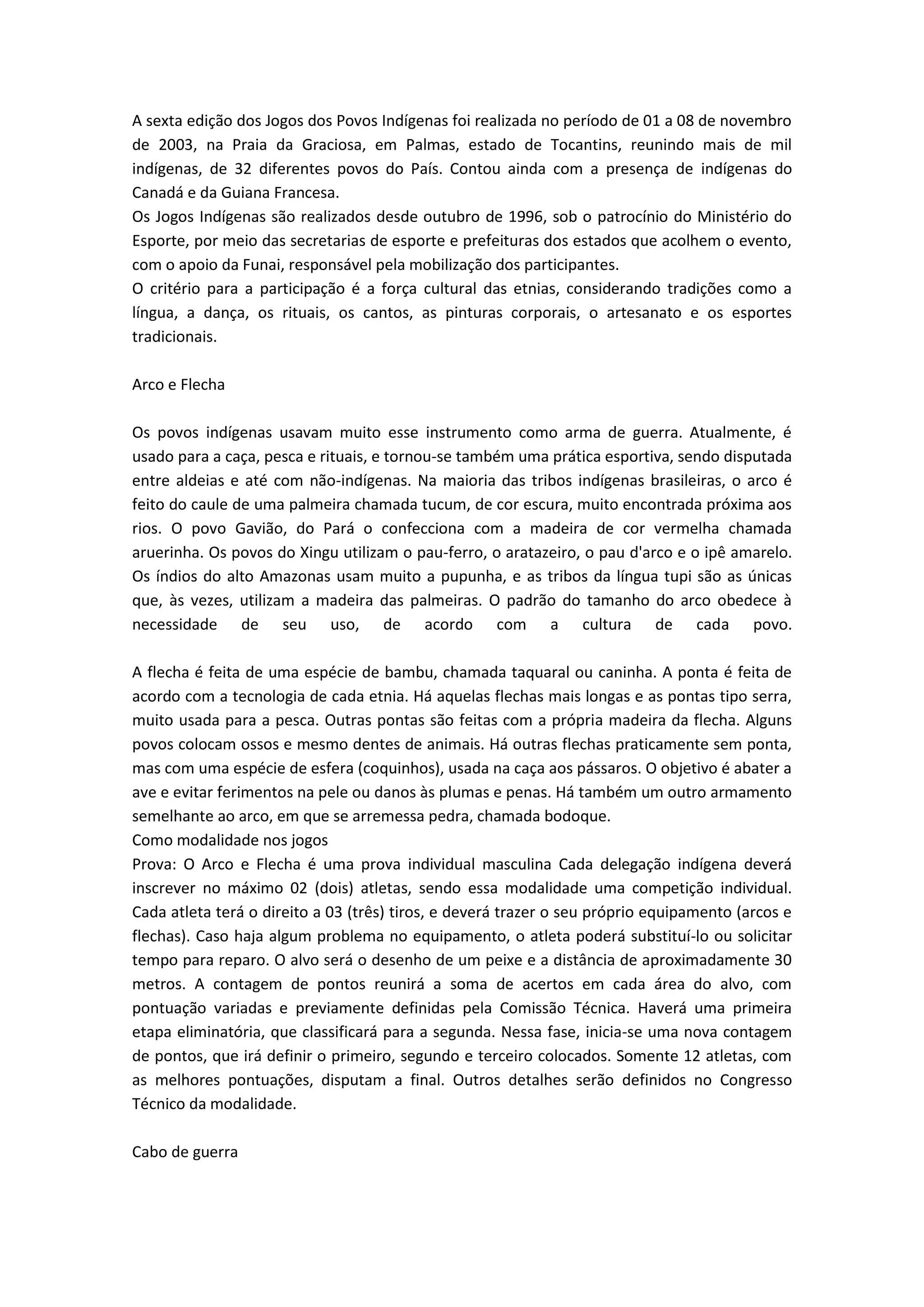 Jogos dos povos indígenas | DOCX