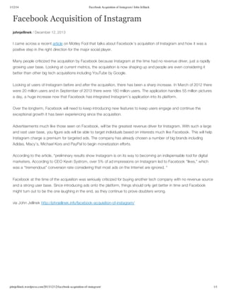 Facebook Acquisition of Instagram | PDF