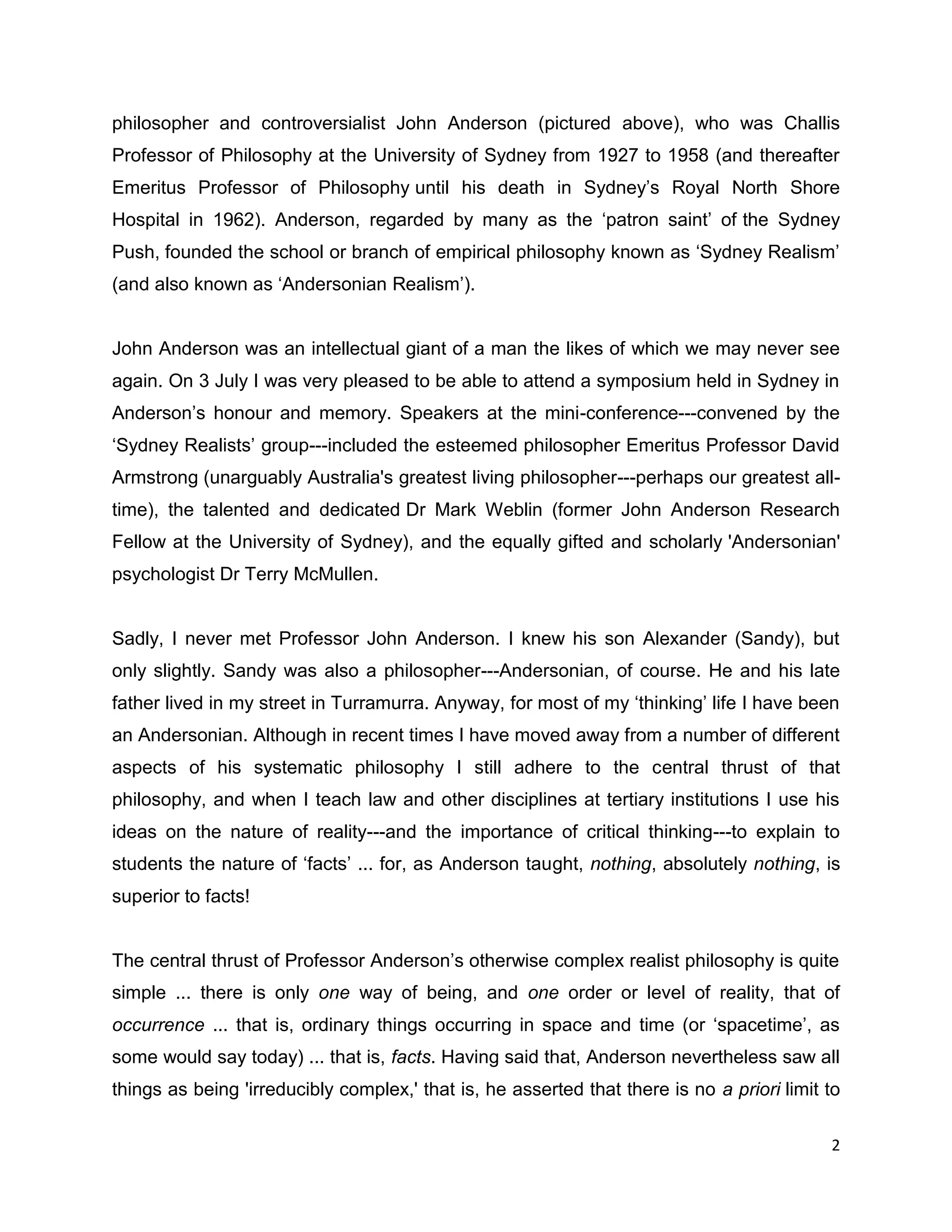 JOHN ANDERSON: PHILOSOPHER AND CONTROVERSIALIST EXTRAORDINAIRE | PDF