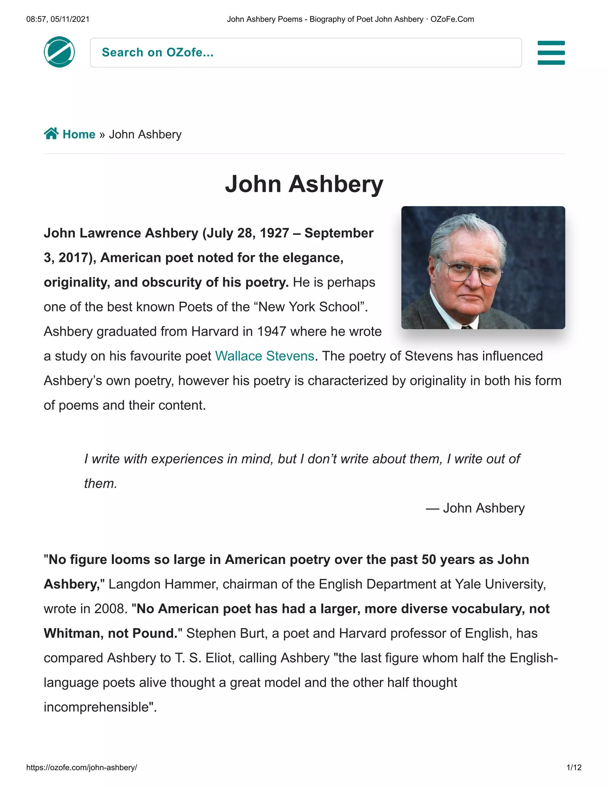 John Ashbery Poems - Biography of Poet John Ashbery · OZoFe.Com ...