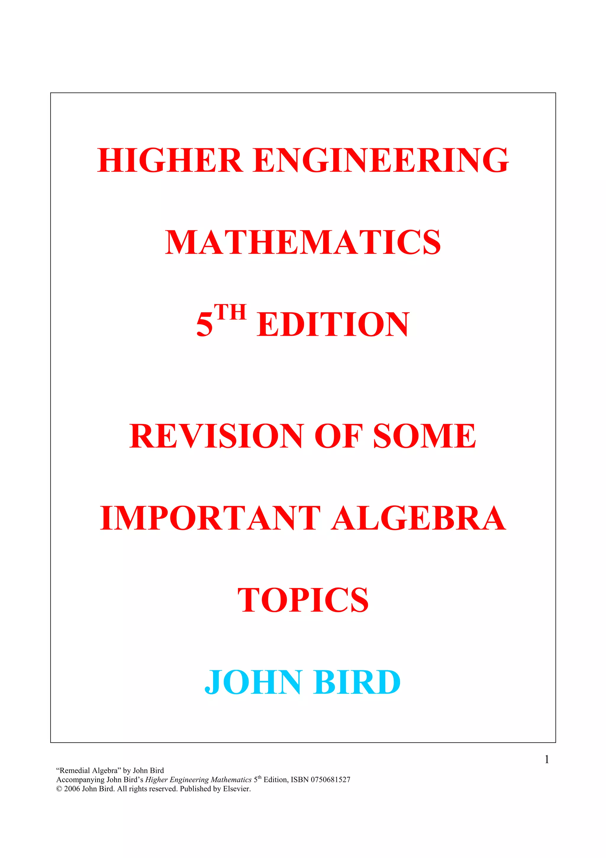 John bird higher engineering mathematics - 5e - remedial algebra | PDF