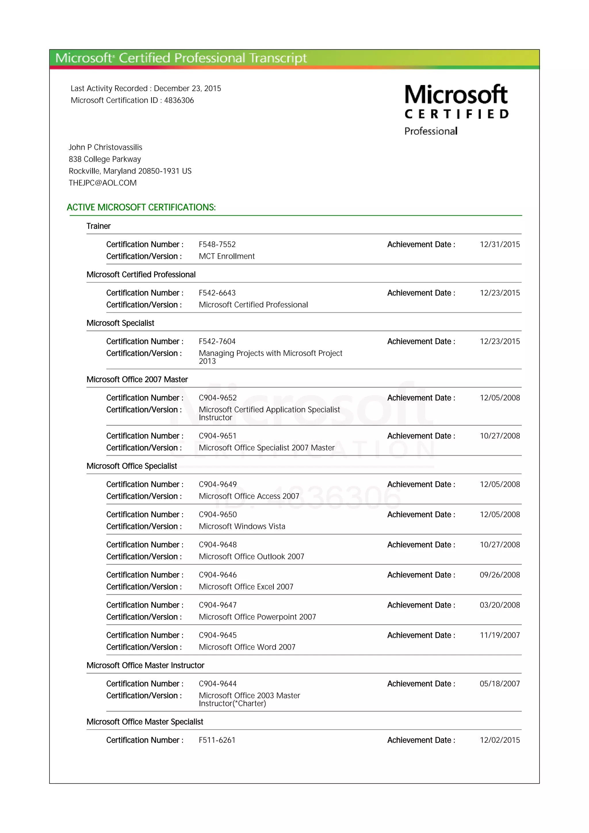 John Christovassilis - Microsoft Certified Professional Transcript | PDF