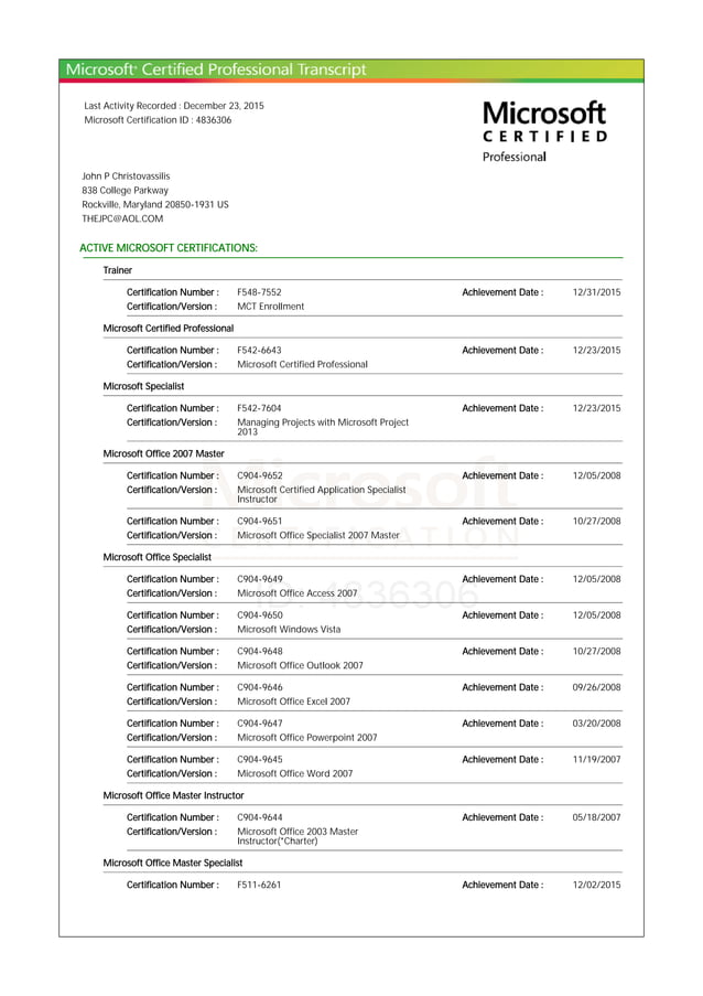 John Christovassilis - Microsoft Certified Professional Transcript | PDF