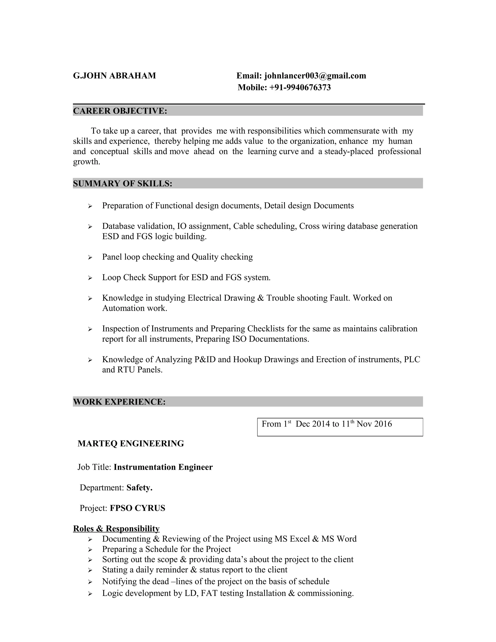 John (Instrumentation Engineer) | PDF