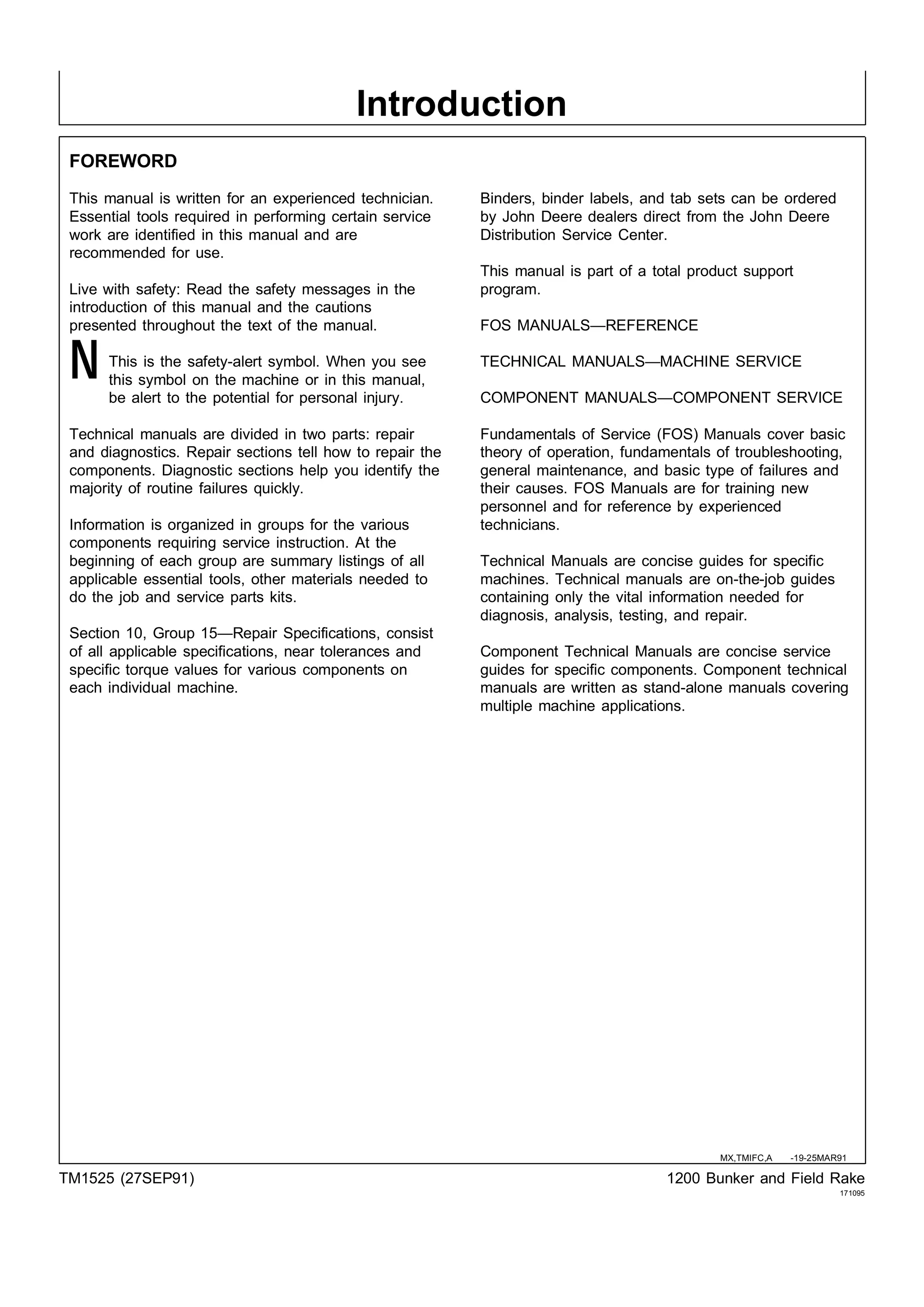 John deere 1200 bunker and field rake service repair manual (tm1525) | PDF