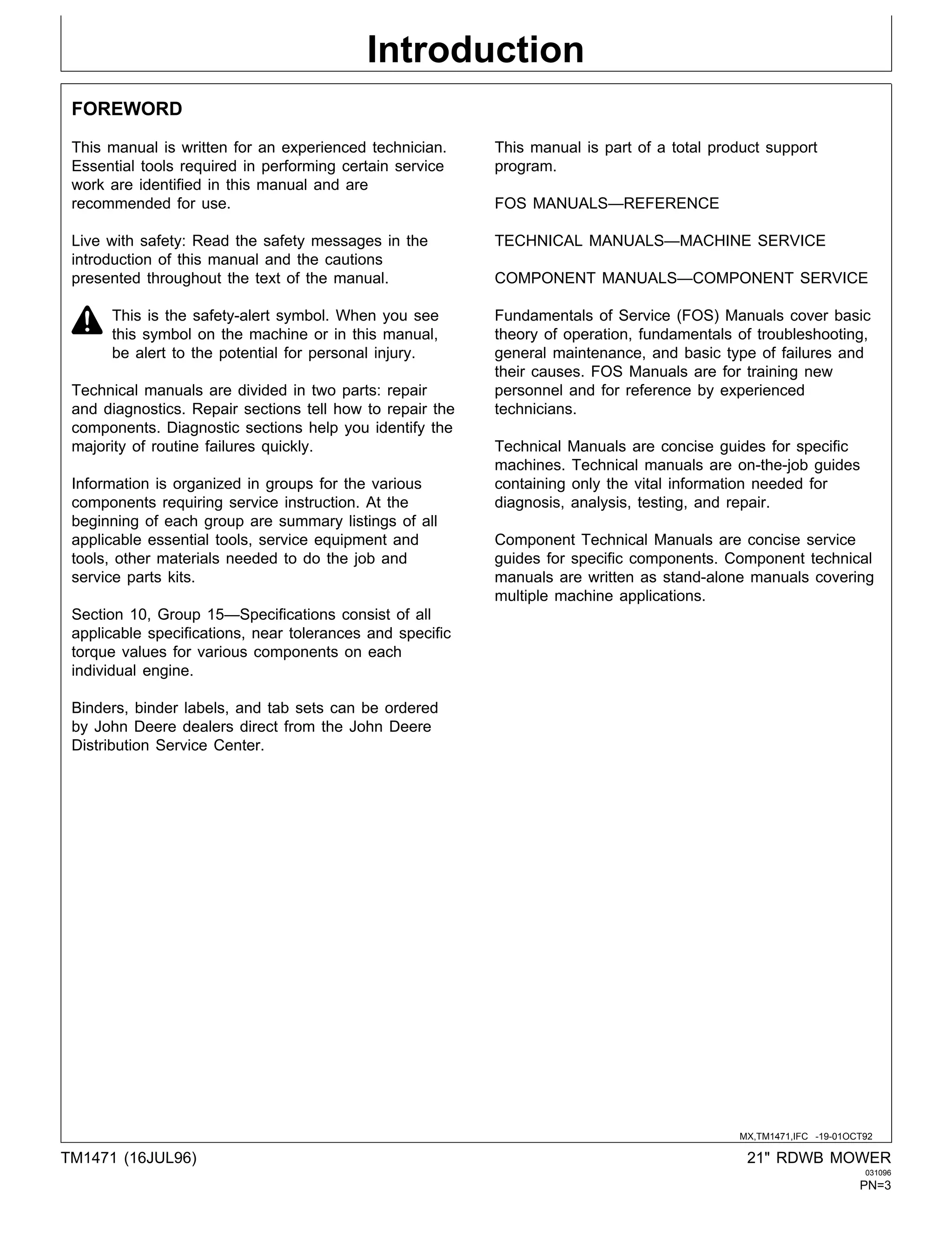 John deere 14 sb walk behind mower service repair manual | PDF