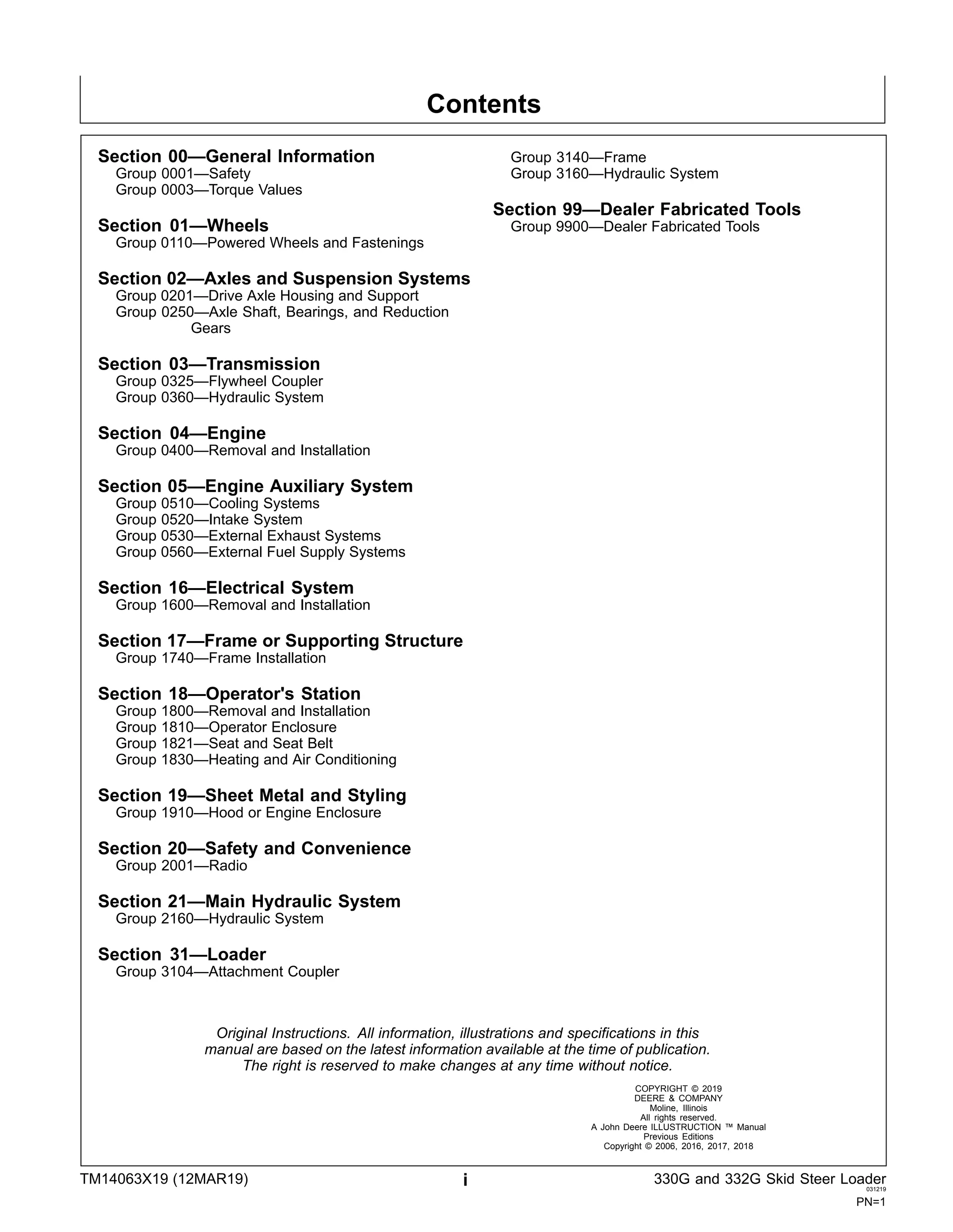 John Deere 330G Skid Steer Loader Repair Technical Manual | PDF