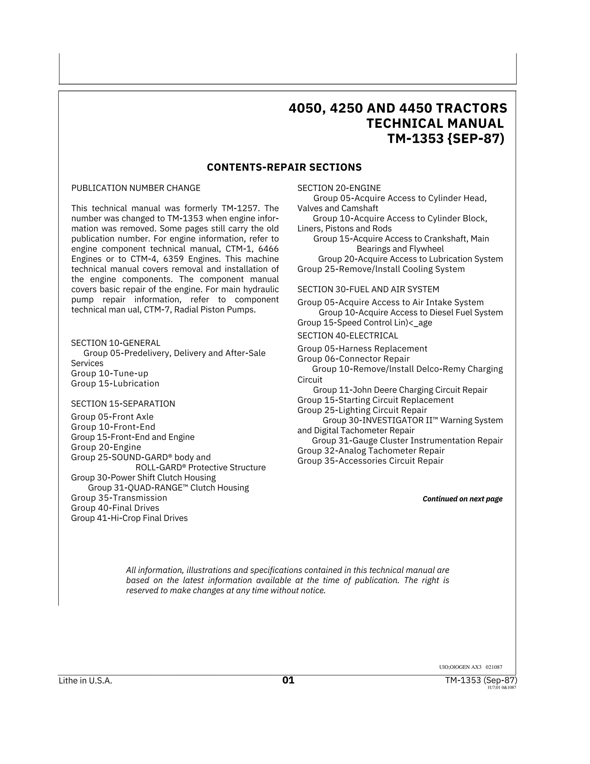 John Deere 4050, 4250, 4450 Tractor Technical Manual TM1353 PDF | PDF