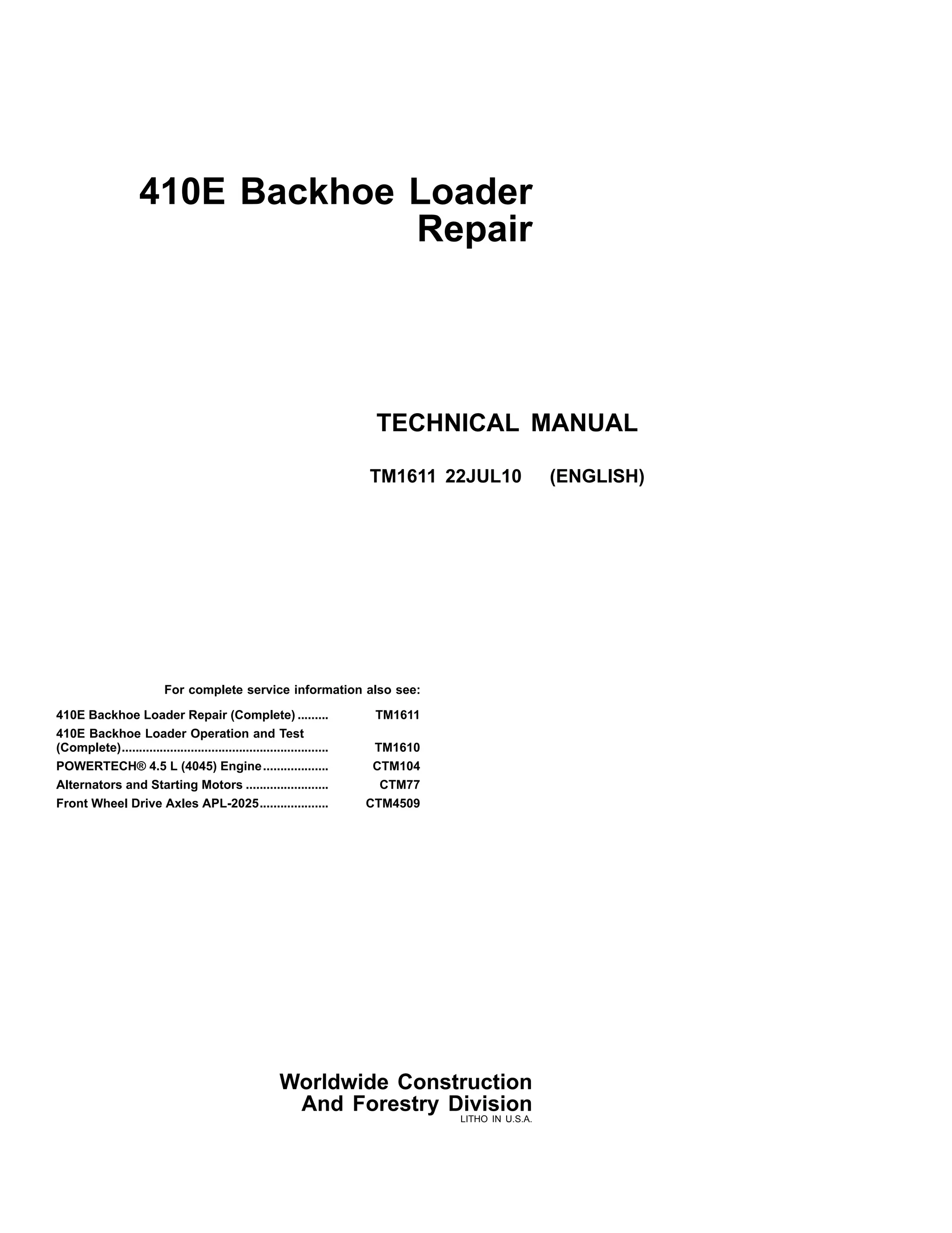 John Deere 410e Backhoe Loader Service Repair Manual - TM1611 | PDF