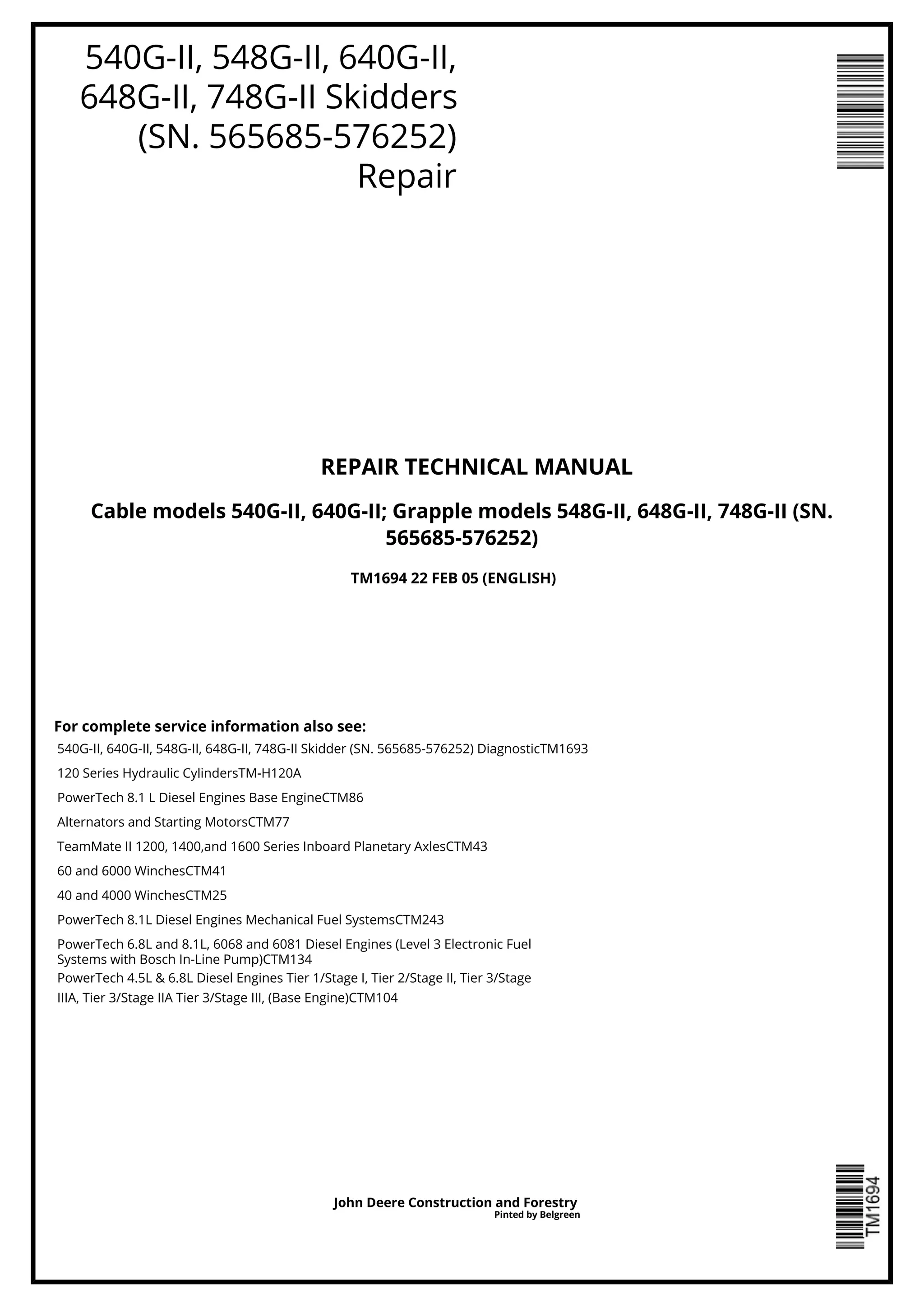John Deere 540G-II 548G-II 640G-II 648G-II 748G-II Skidder Service Manual TM1694 | PDF