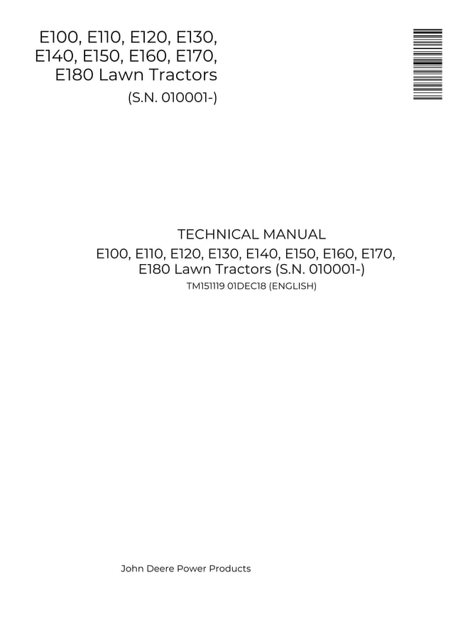 John Deere E100, E110, E120, E130, E140, E150, E160, E170, E180 Lawn Tractor Service Repair ...