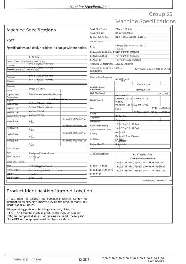 John Deere E100, E110, E120, E130, E140, E150, E160, E170, E180 Lawn Tractor Service Repair ...