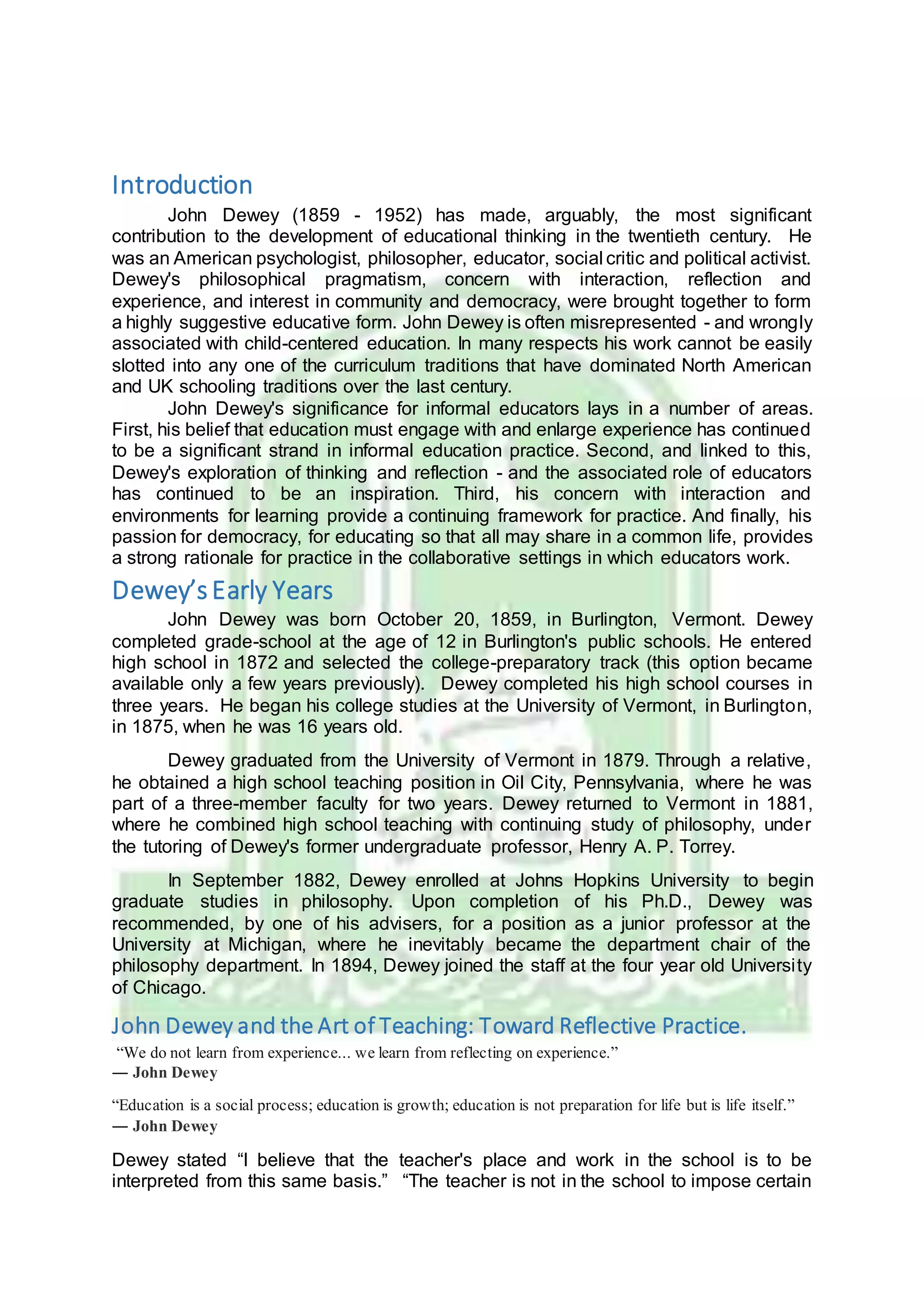 John dewey as a reflective practioner | DOCX