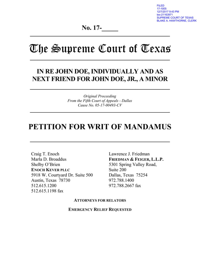 John Doe V ESD, Meredyth Cole | John doe's petition for writ of mandamus | Episcopal School of ...
