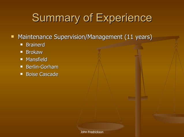 John Fredrickson Work History | PPT | Business | Business and Finance