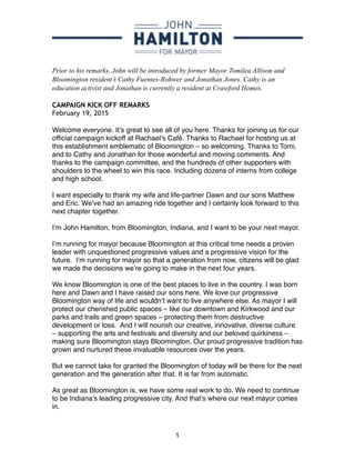 John Hamilton for Mayor's Campaign Kickoff Speech | PDF