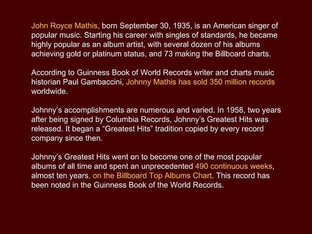 Johnny Mathis - Biography | PPS | World/International Music | Music