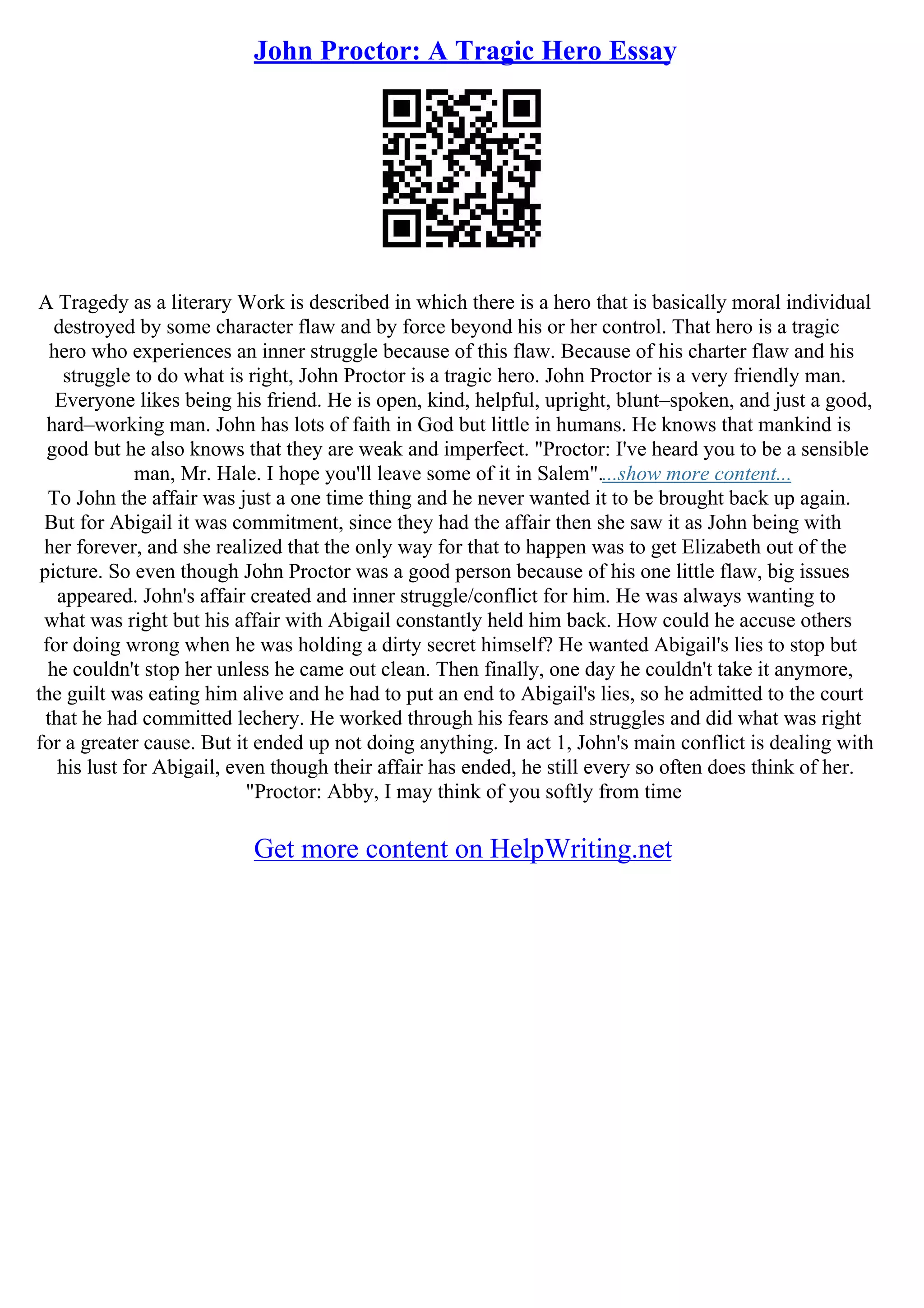 John Proctor Tragic Hero Essay | PDF