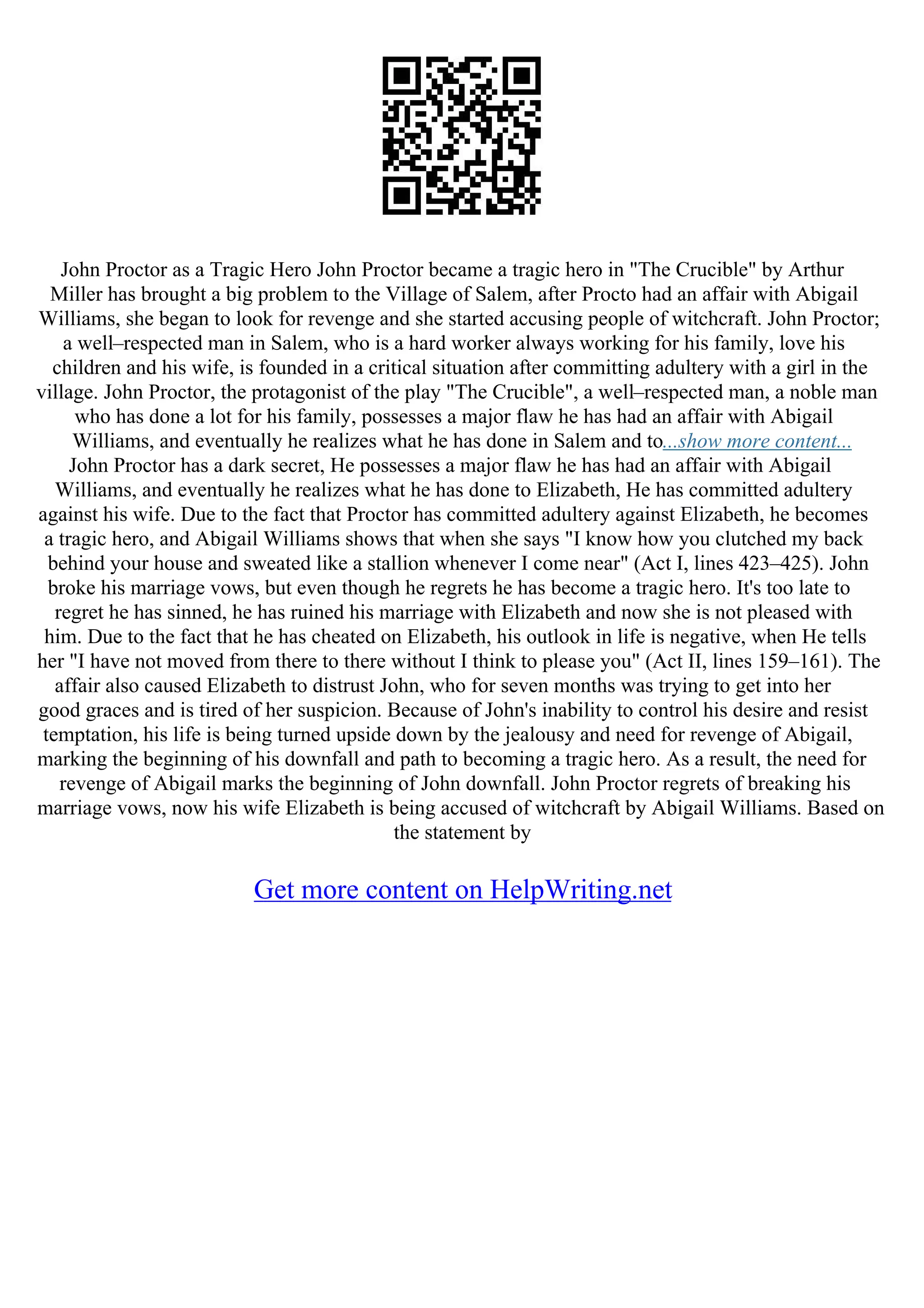 John Proctor Tragic Hero Essay | PDF