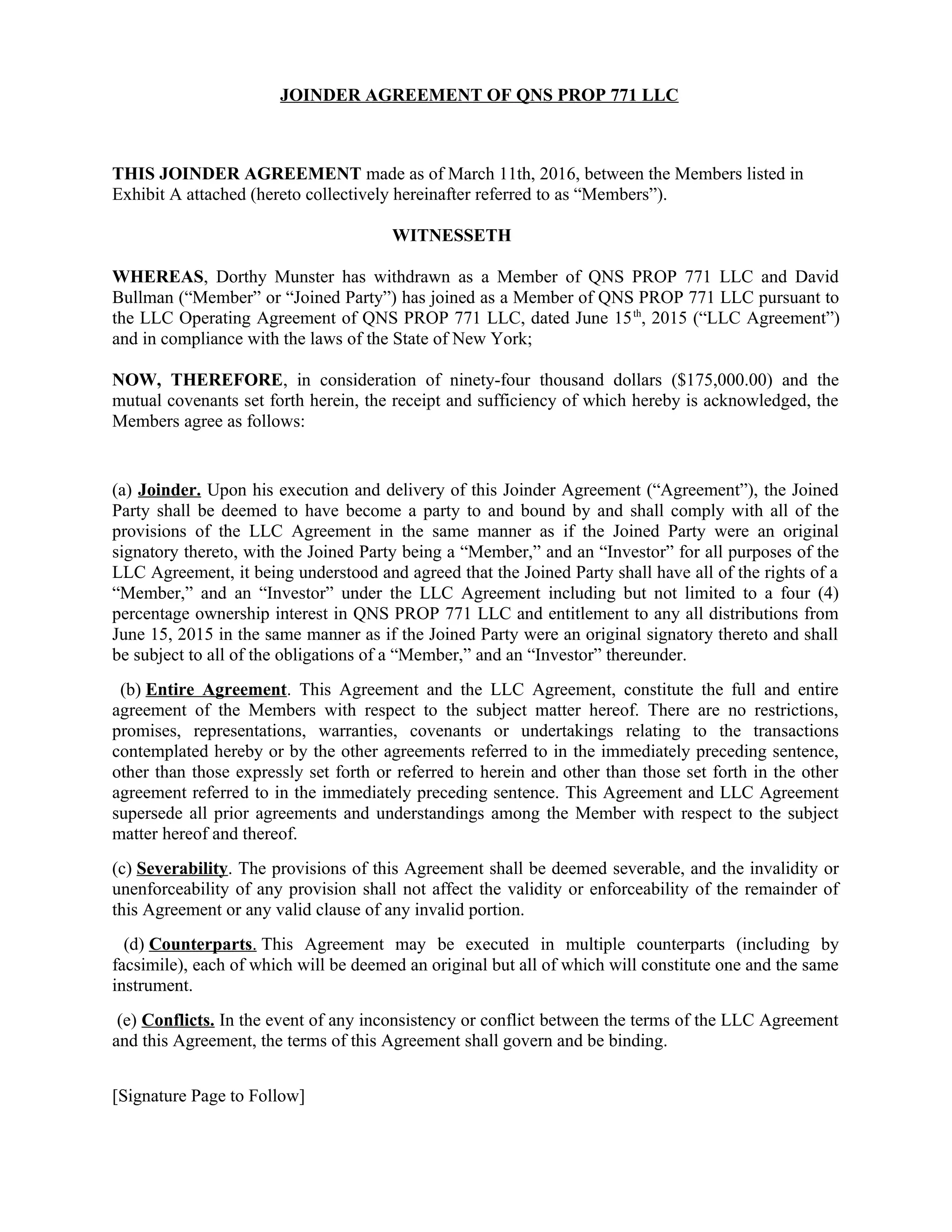 Joinder Agreement for Adding an LLC Member in New York | DOC