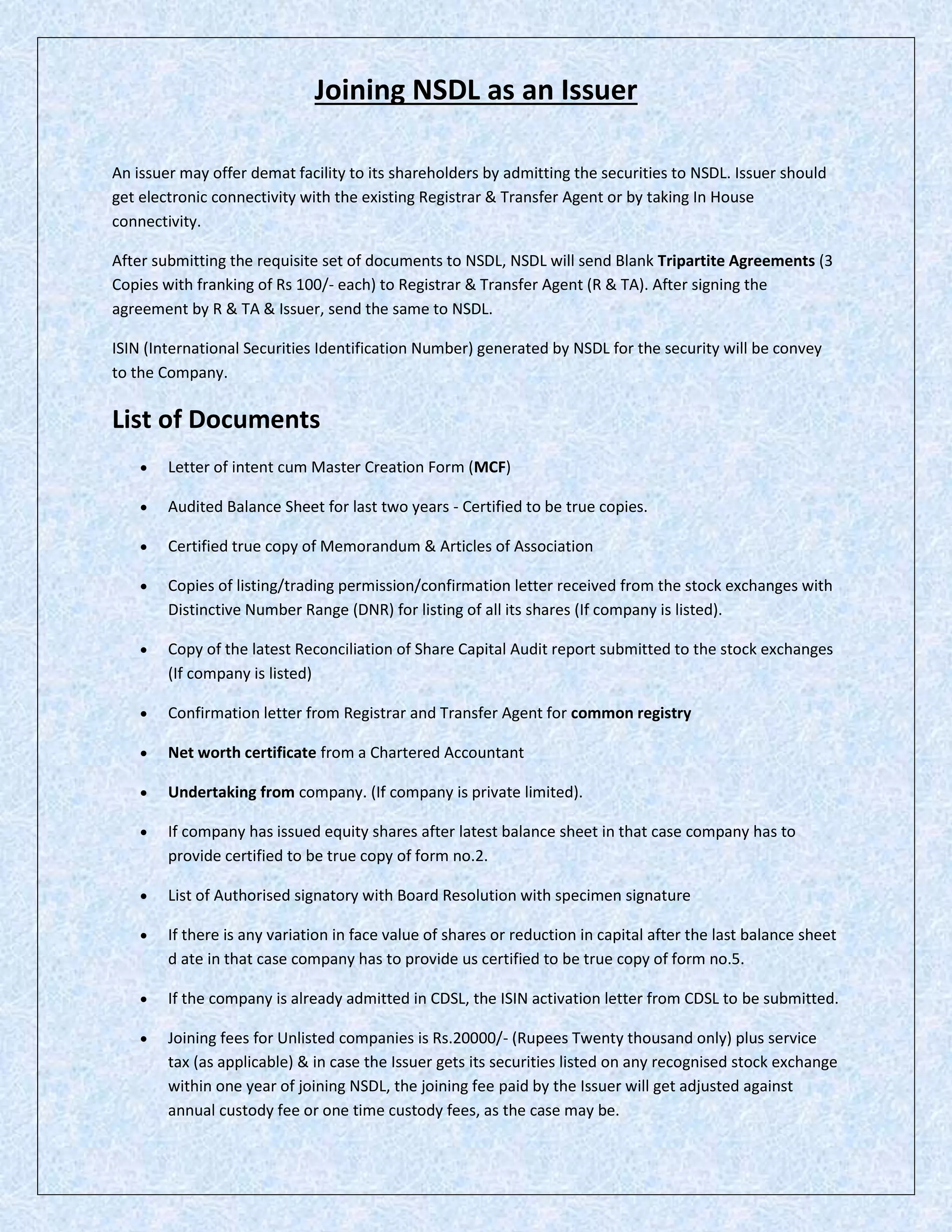 Joining nsdl as an issuer | DOCX