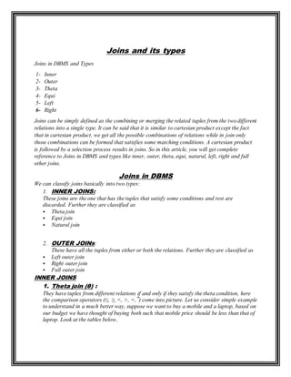 Joins in dbms and types | PDF