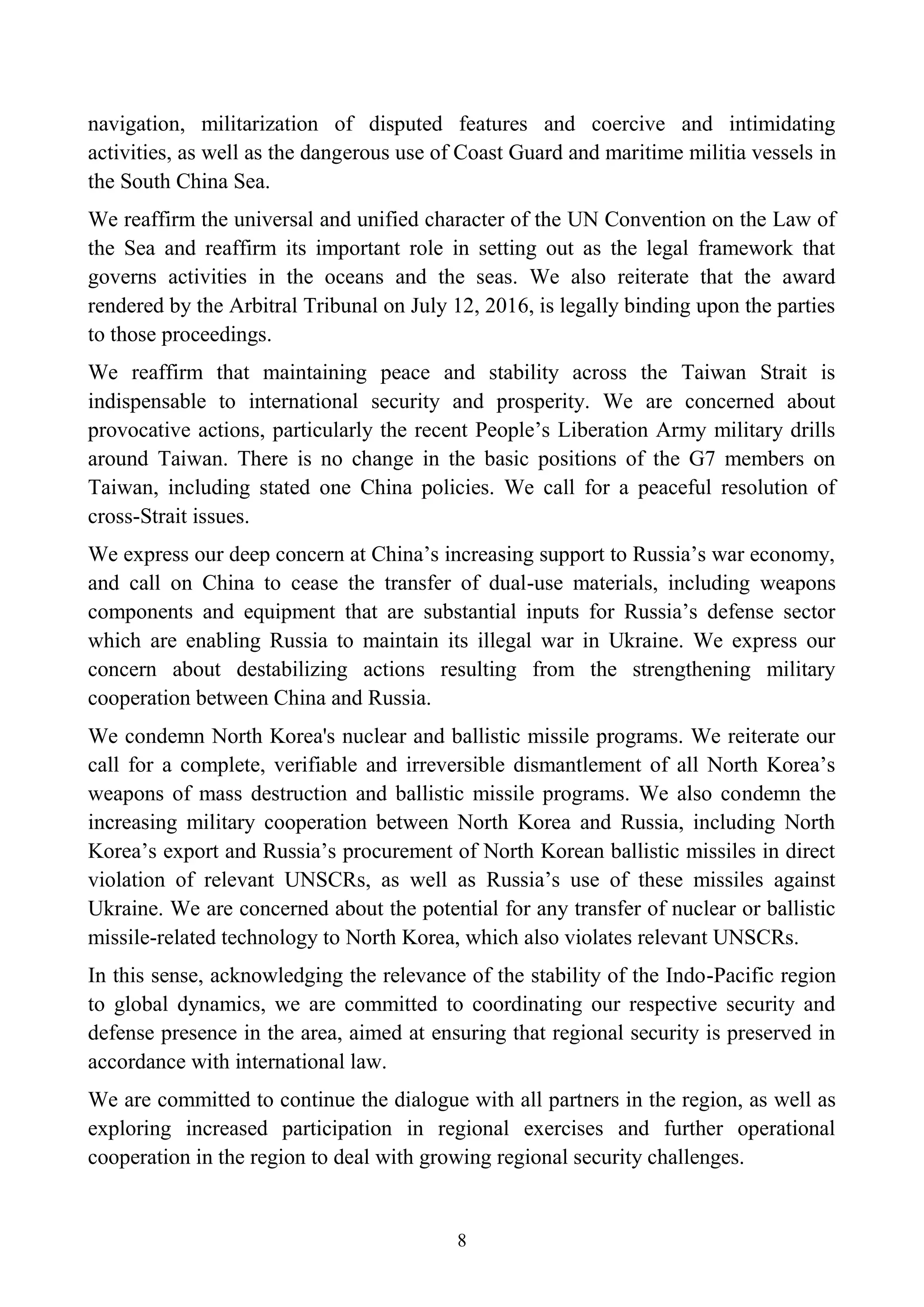 G7 Joint Declaration on Defence, October 2024 | PDF