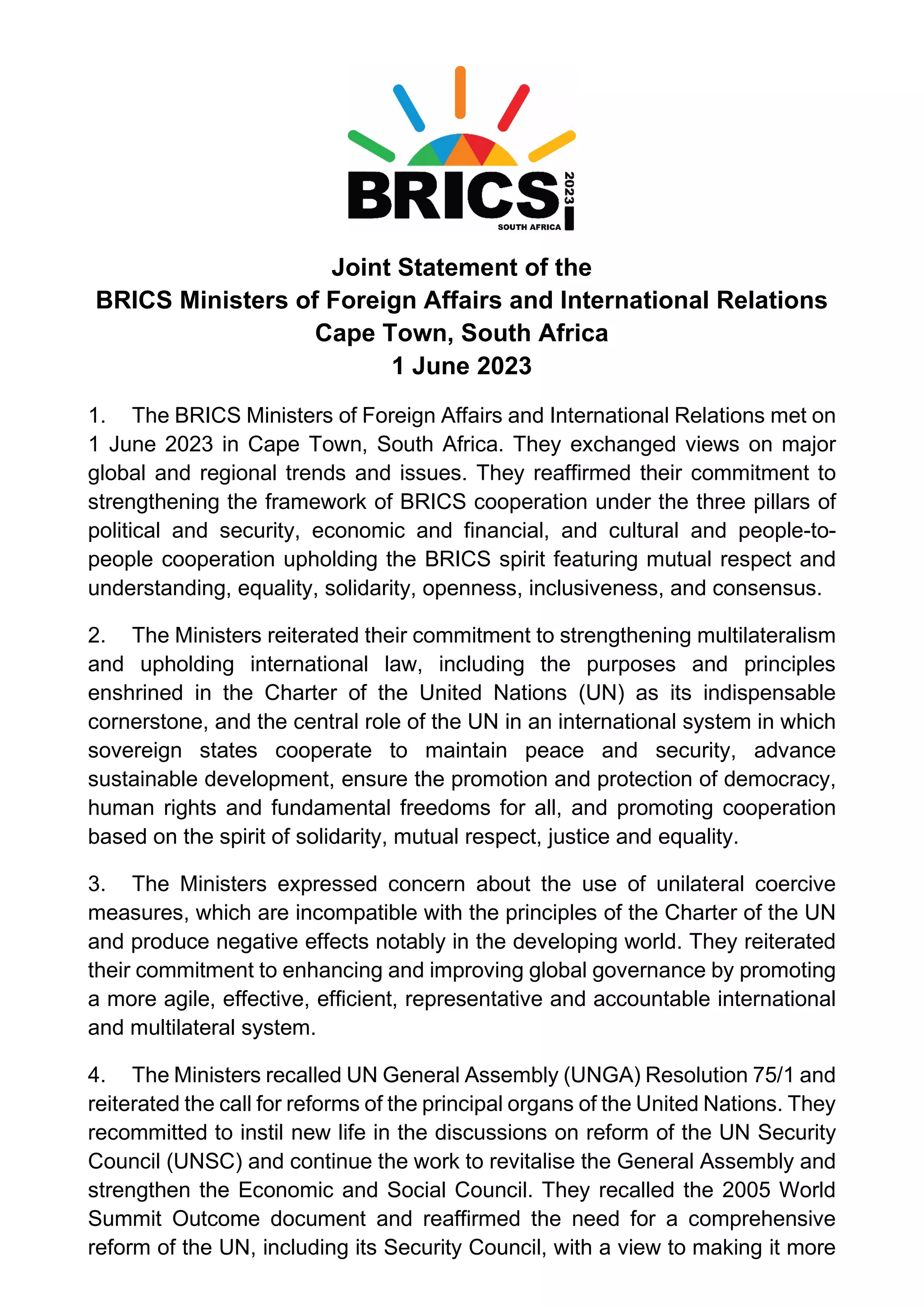 BRICS Joint Statement BRICS MFA 1 June 2023 | PDF