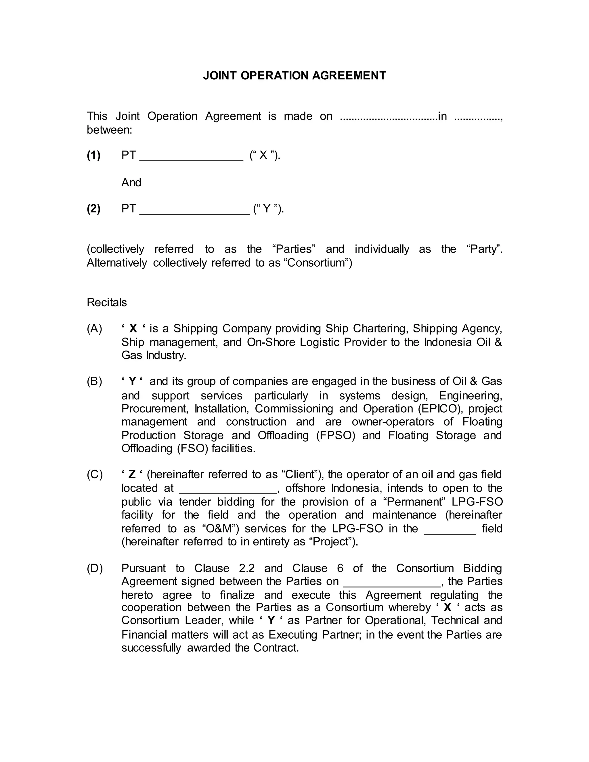 Form of Joint Operation Agreement (Purchase this doc, Text: 08118887270 ...
