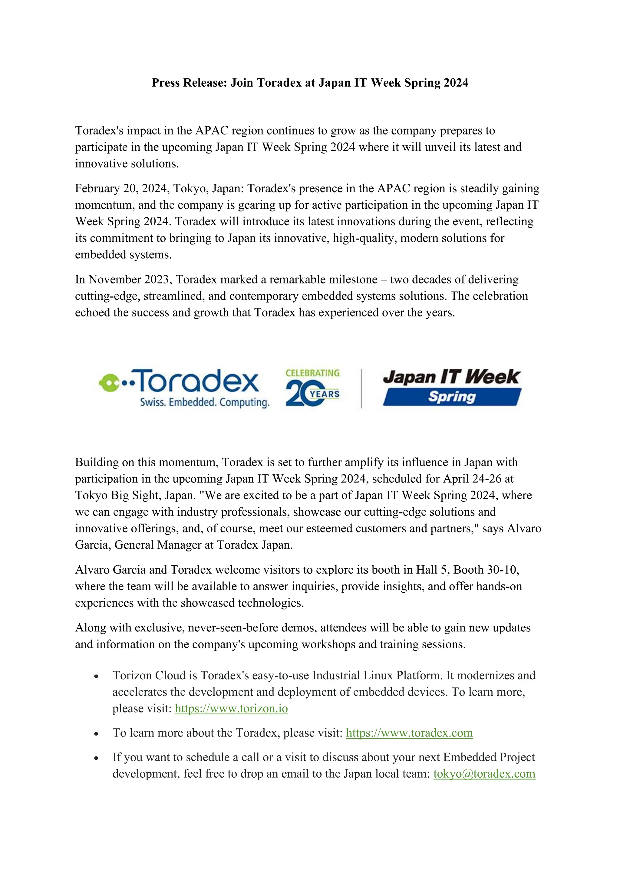 Join Toradex at Japan IT Week Spring 2024 | PDF