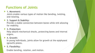 JOINTS, TYPES OF JOINTS AND FUNCTIONS.pptx