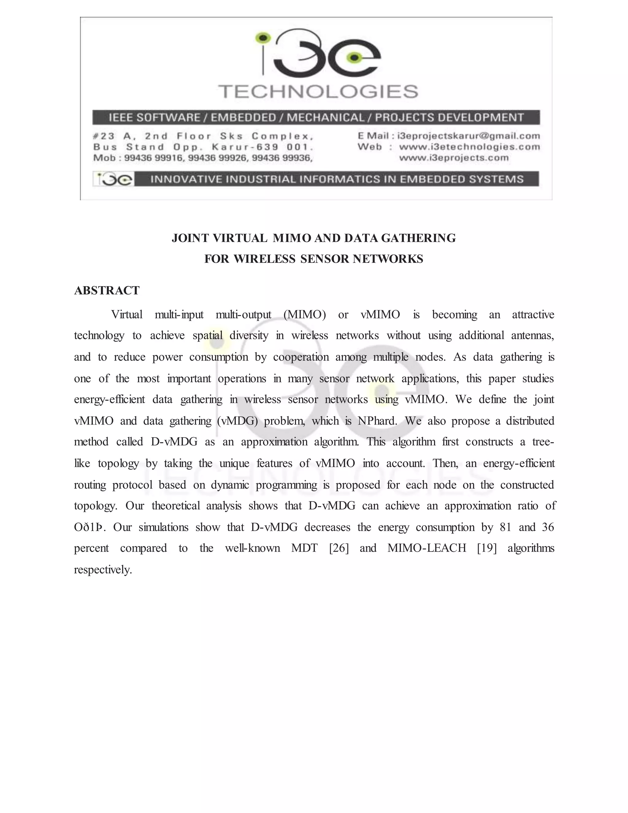 JOINT VIRTUAL MIMO AND DATA GATHERING FOR WIRELESS SENSOR NETWORKS | PDF