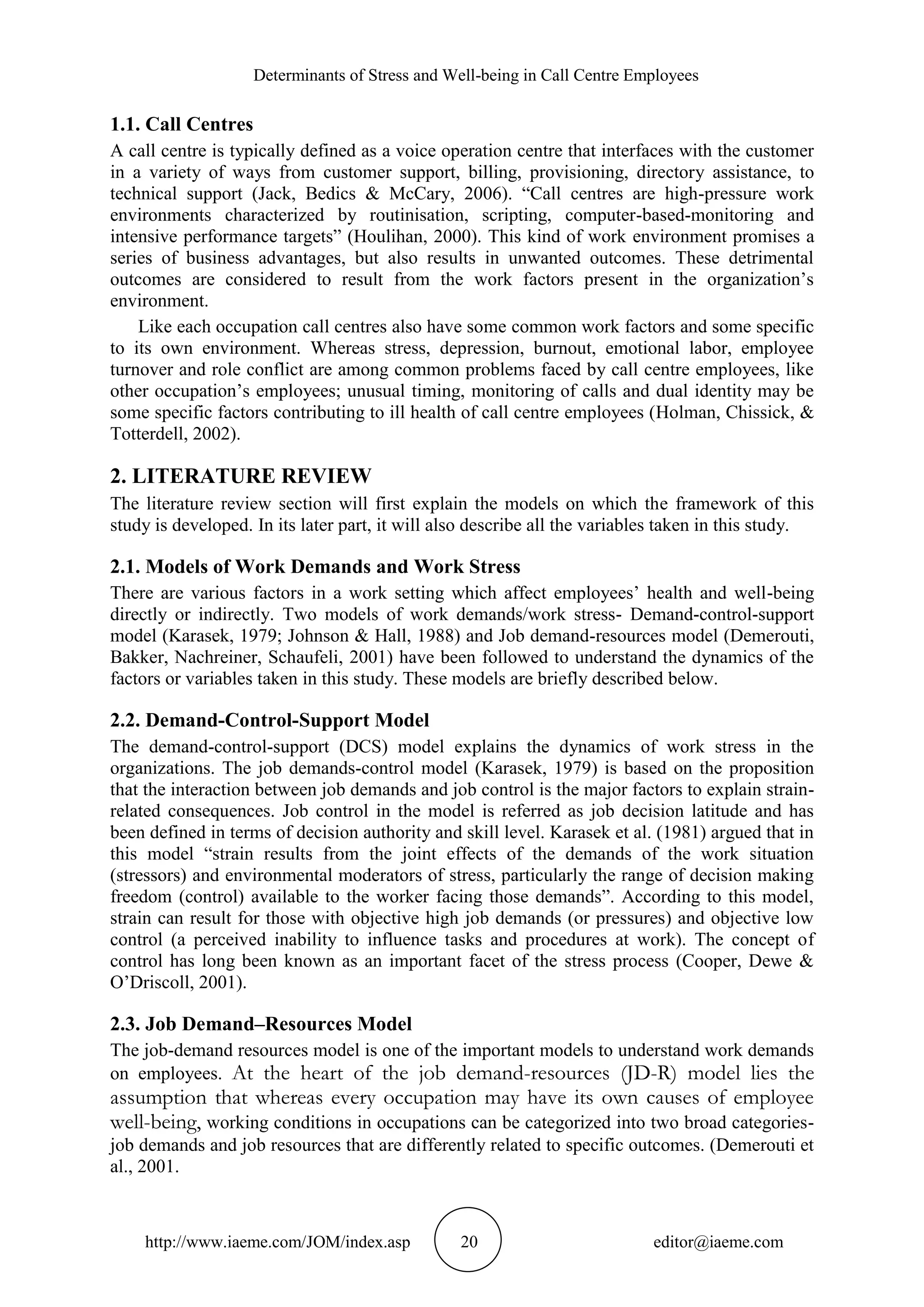 DETERMINANTS OF STRESS AND WELL-BEING IN CALL CENTRE EMPLOYEES | PDF
