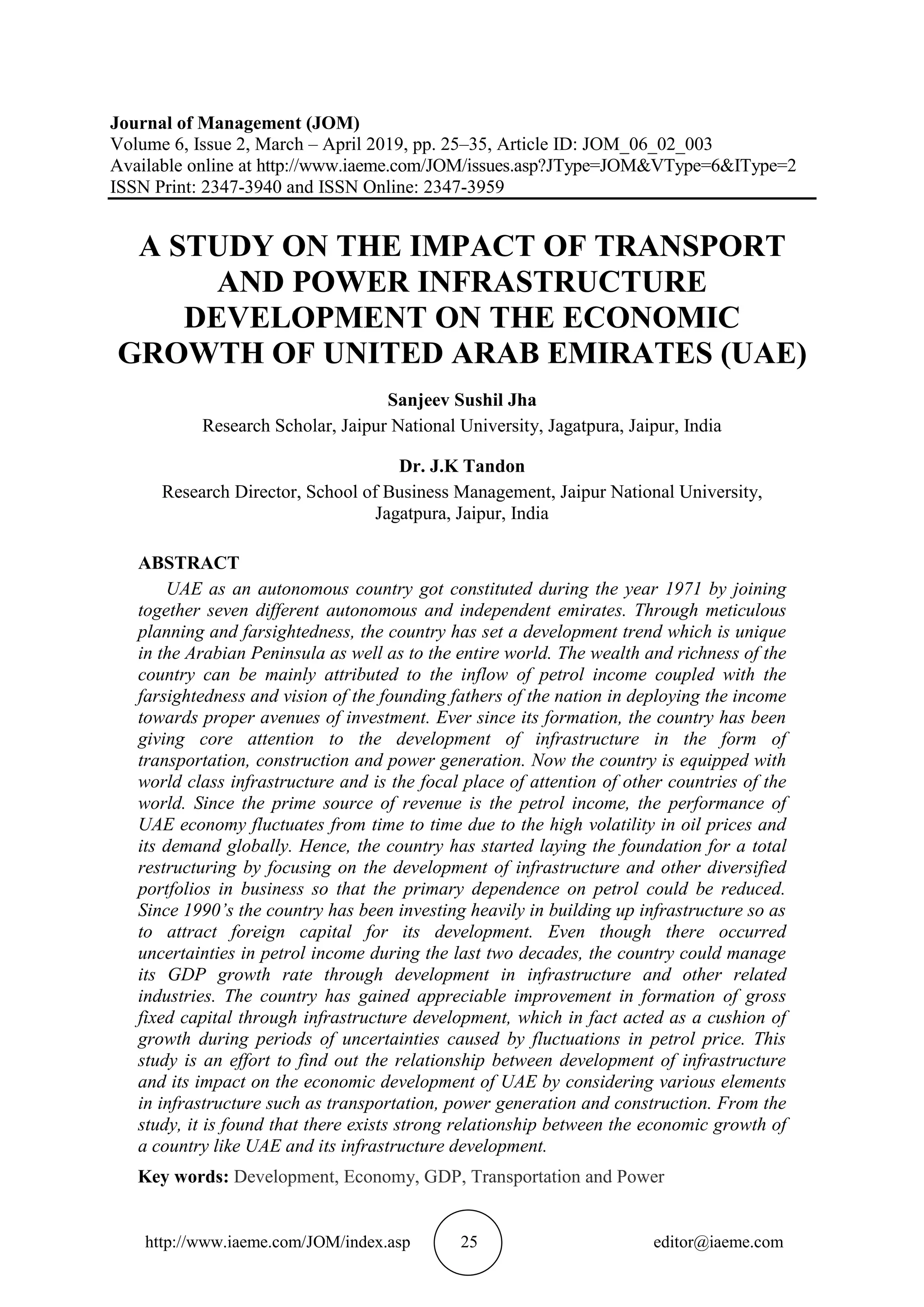 A STUDY ON THE IMPACT OF TRANSPORT AND POWER INFRASTRUCTURE DEVELOPMENT ...