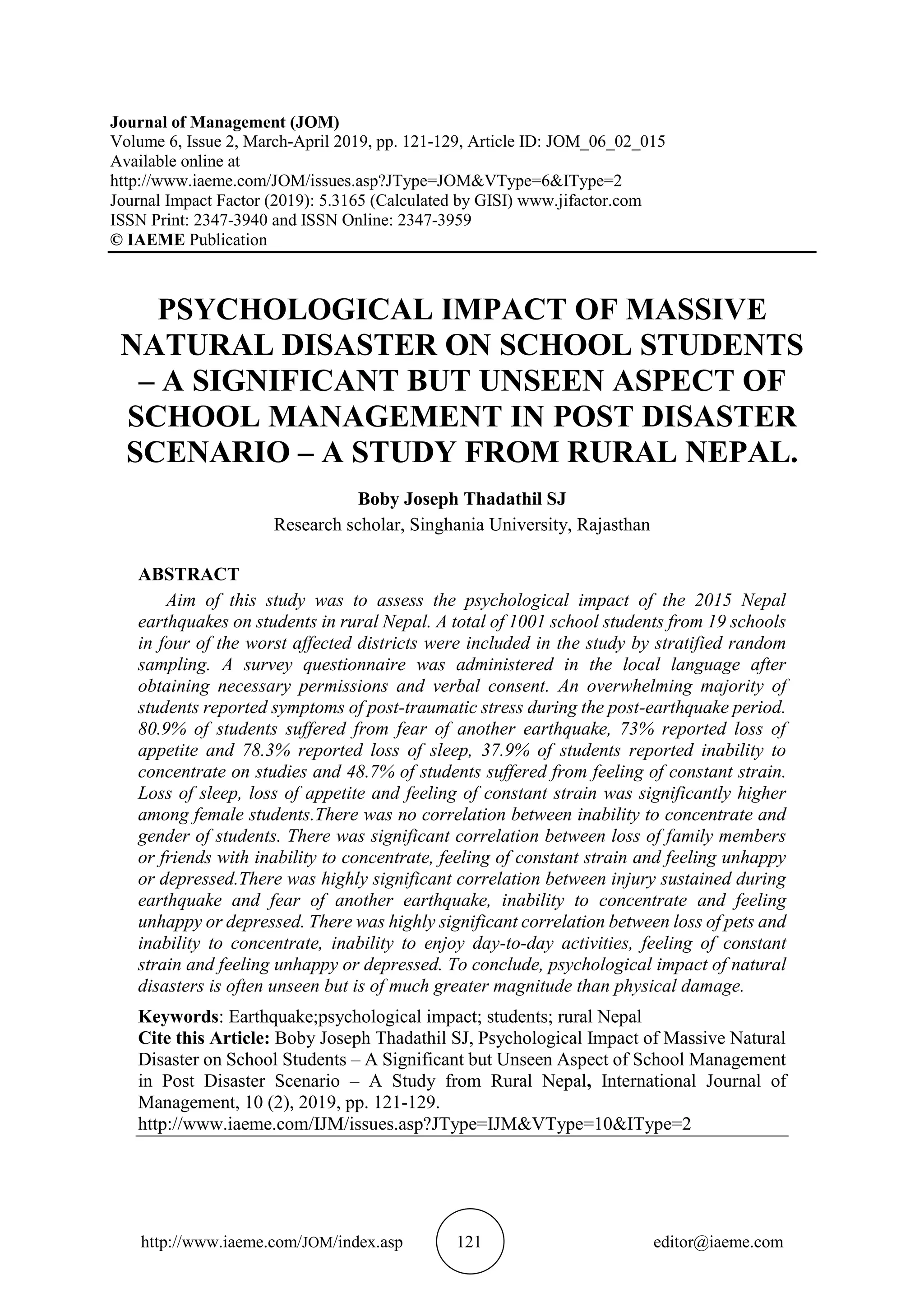 PSYCHOLOGICAL IMPACT OF MASSIVE NATURAL DISASTER ON SCHOOL STUDENTS – A ...