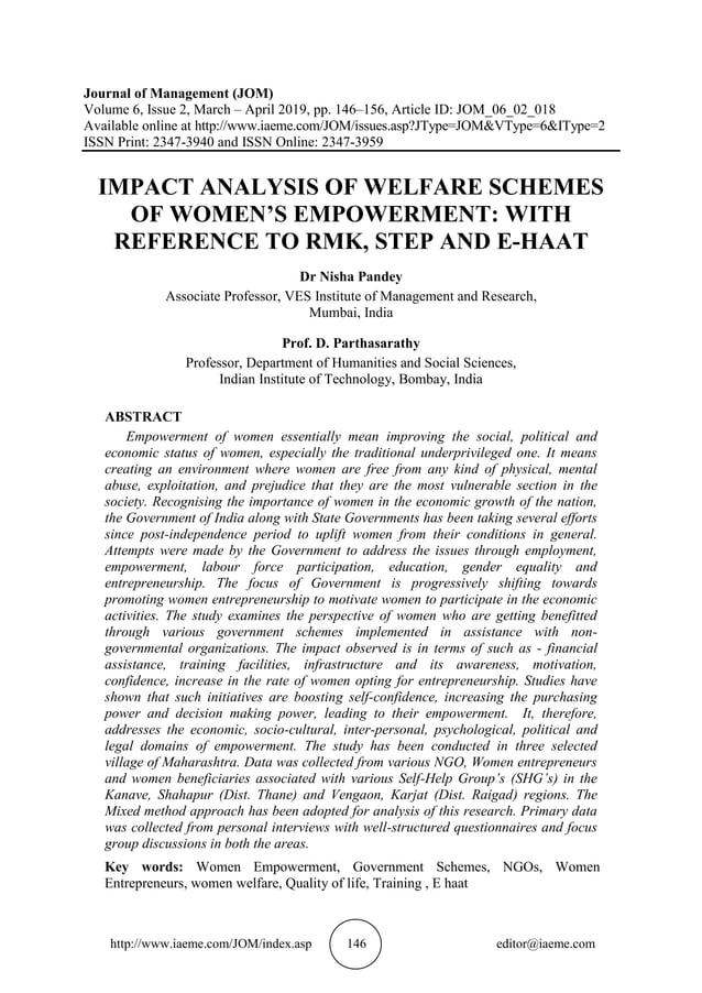 IMPACT ANALYSIS OF WELFARE SCHEMES OF WOMEN’S EMPOWERMENT: WITH ...