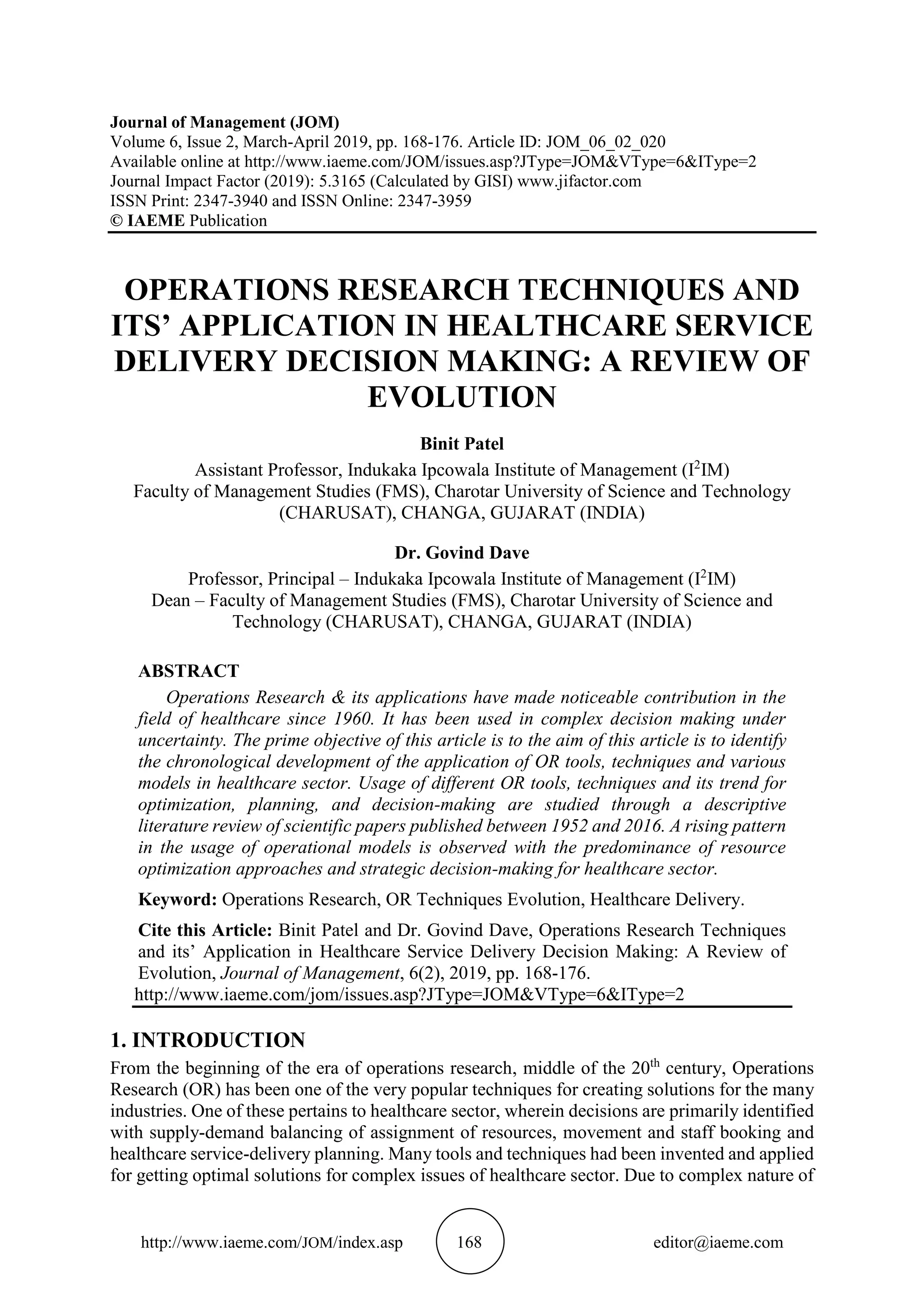 OPERATIONS RESEARCH TECHNIQUES AND ITS’ APPLICATION IN HEALTHCARE ...