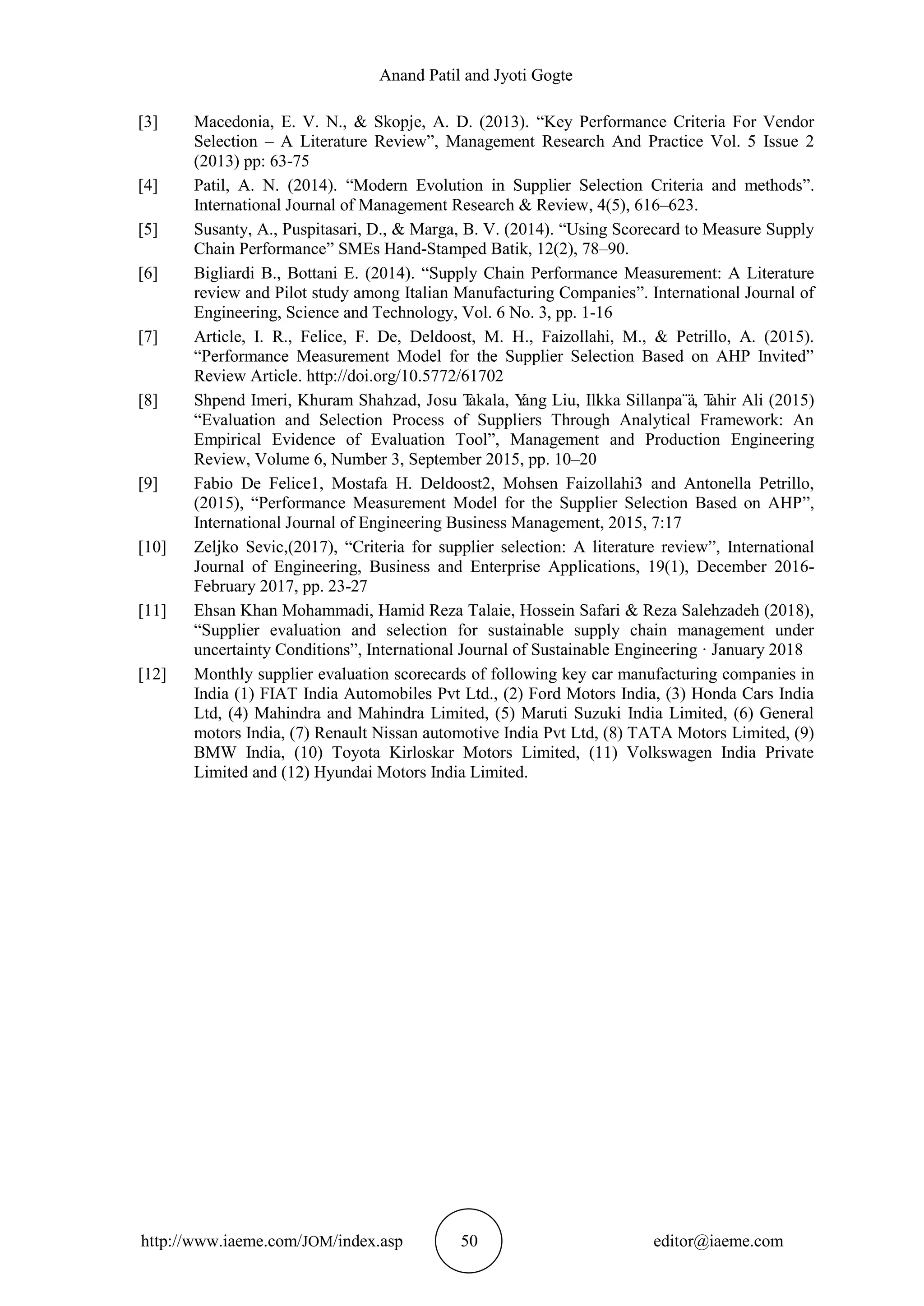 STUDY OF MONTHLY SUPPLIER EVALUATION SCORECARD PARAMETERS OF INDIAN CAR ...