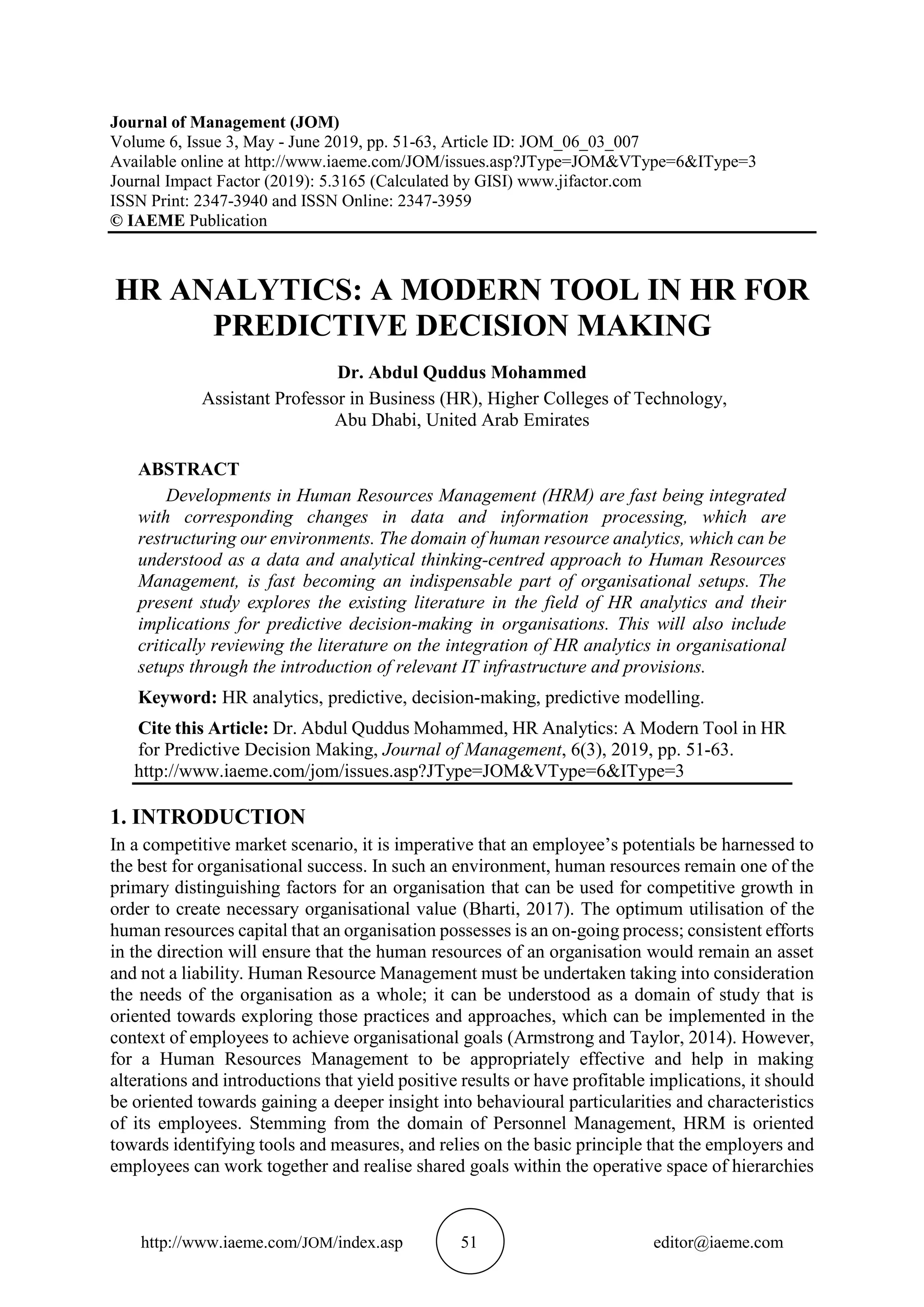 HR ANALYTICS: A MODERN TOOL IN HR FOR PREDICTIVE DECISION MAKING | PDF