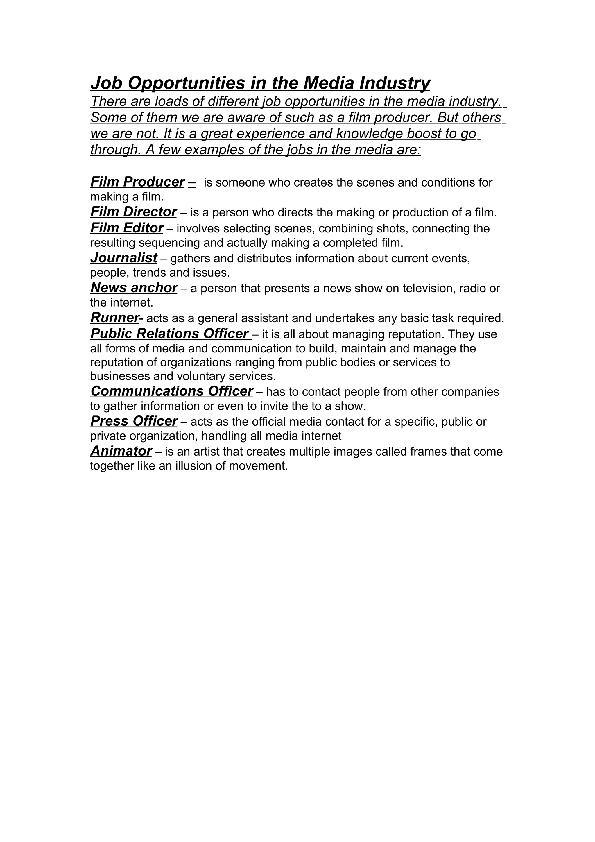 Job Opportunities In The Media Industry | DOC