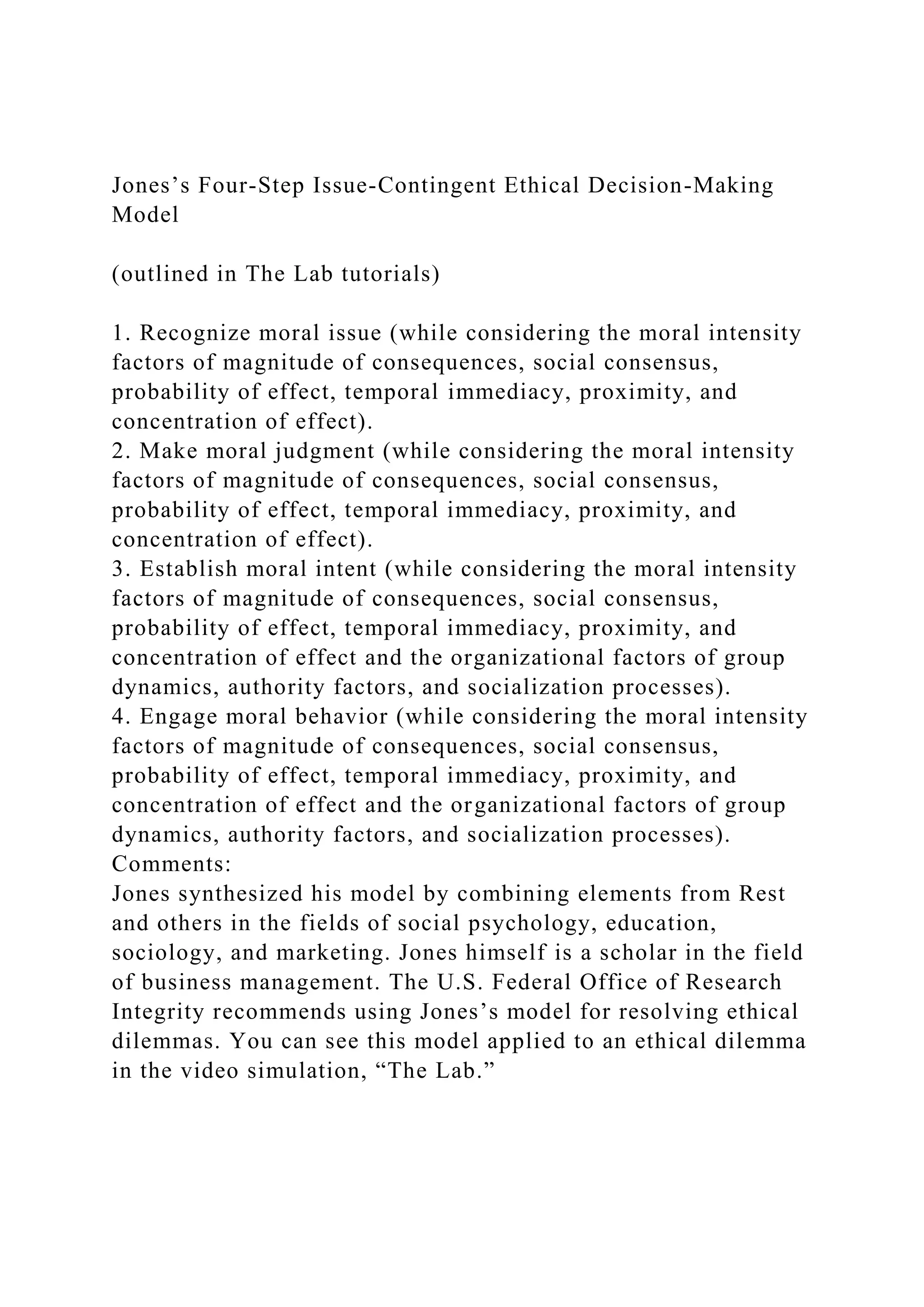 Jones’s Four-Step Issue-Contingent Ethical Decision-Making Model .docx