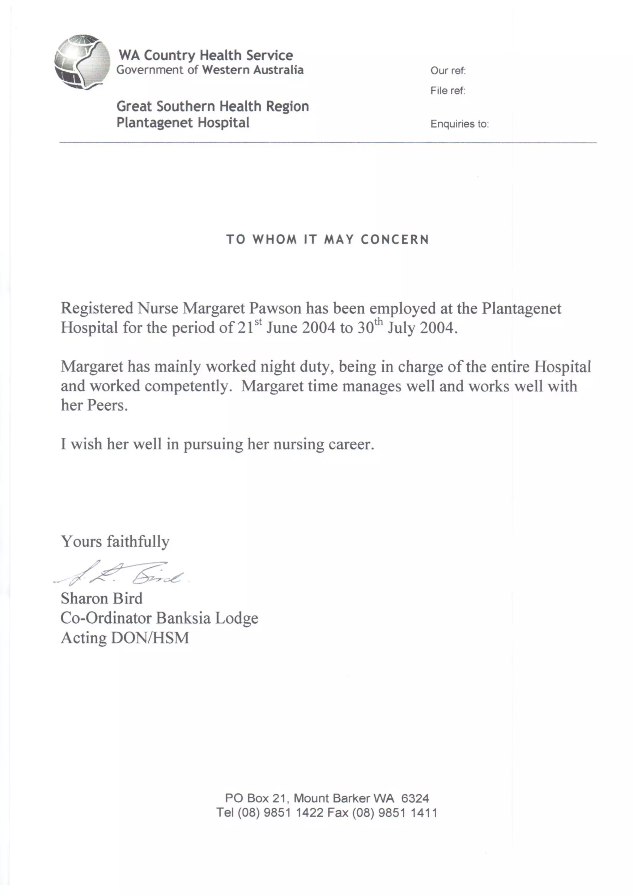 Reference Letter - Plantagenet Hospital 2004 | PDF