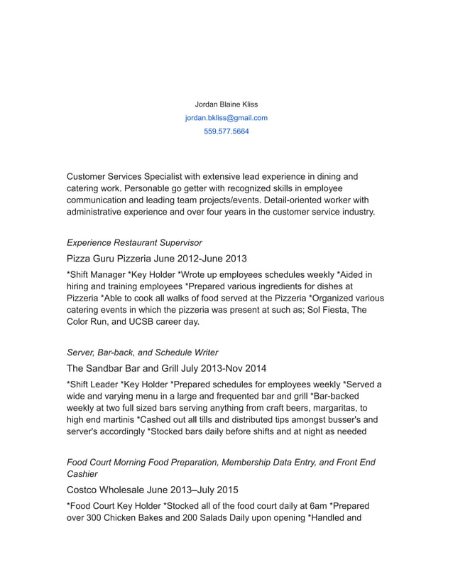 Jordan Kliss Current Resume | RTF