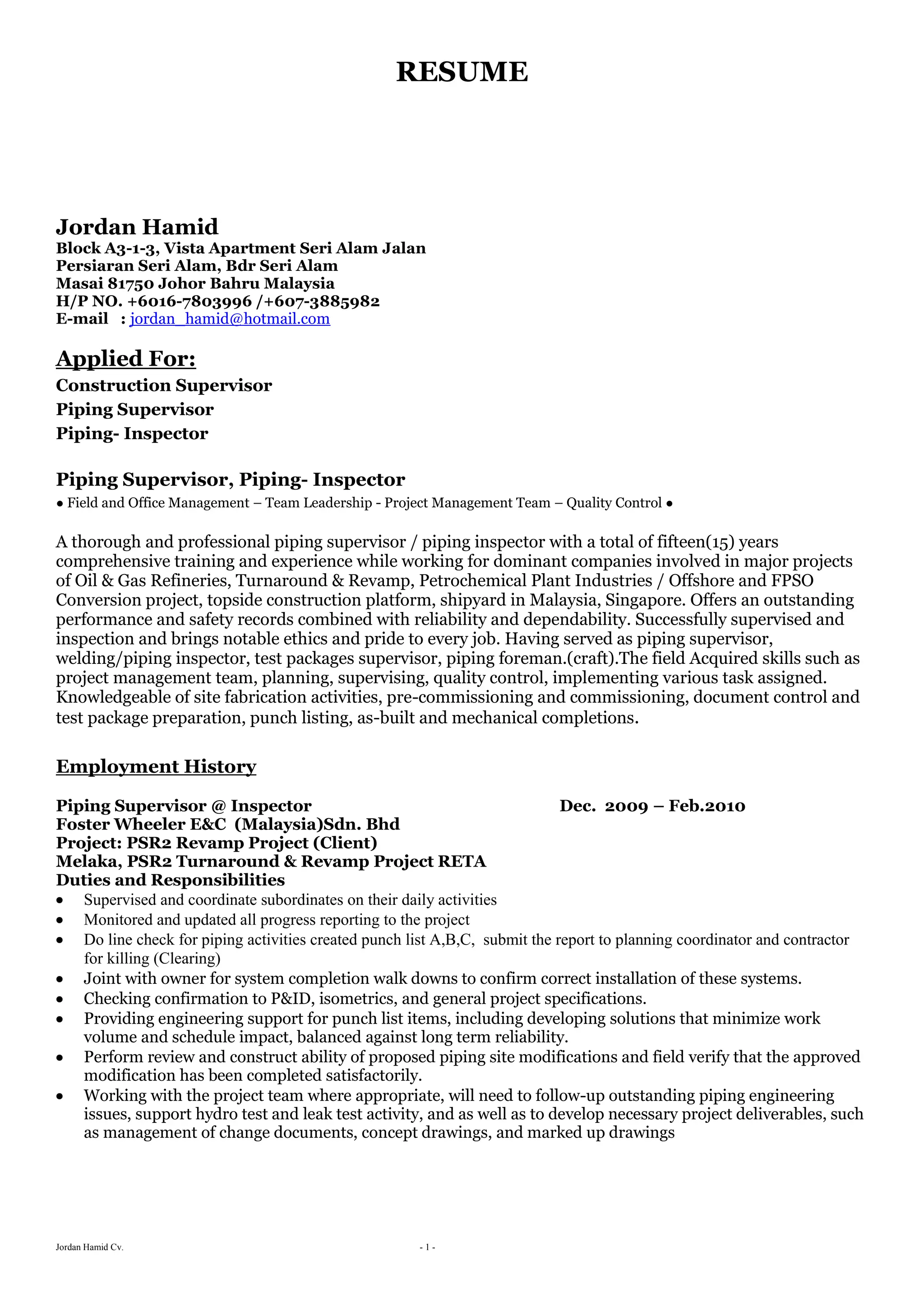 Jordan Cv | DOCX | Civil Engineering Industry | Industries