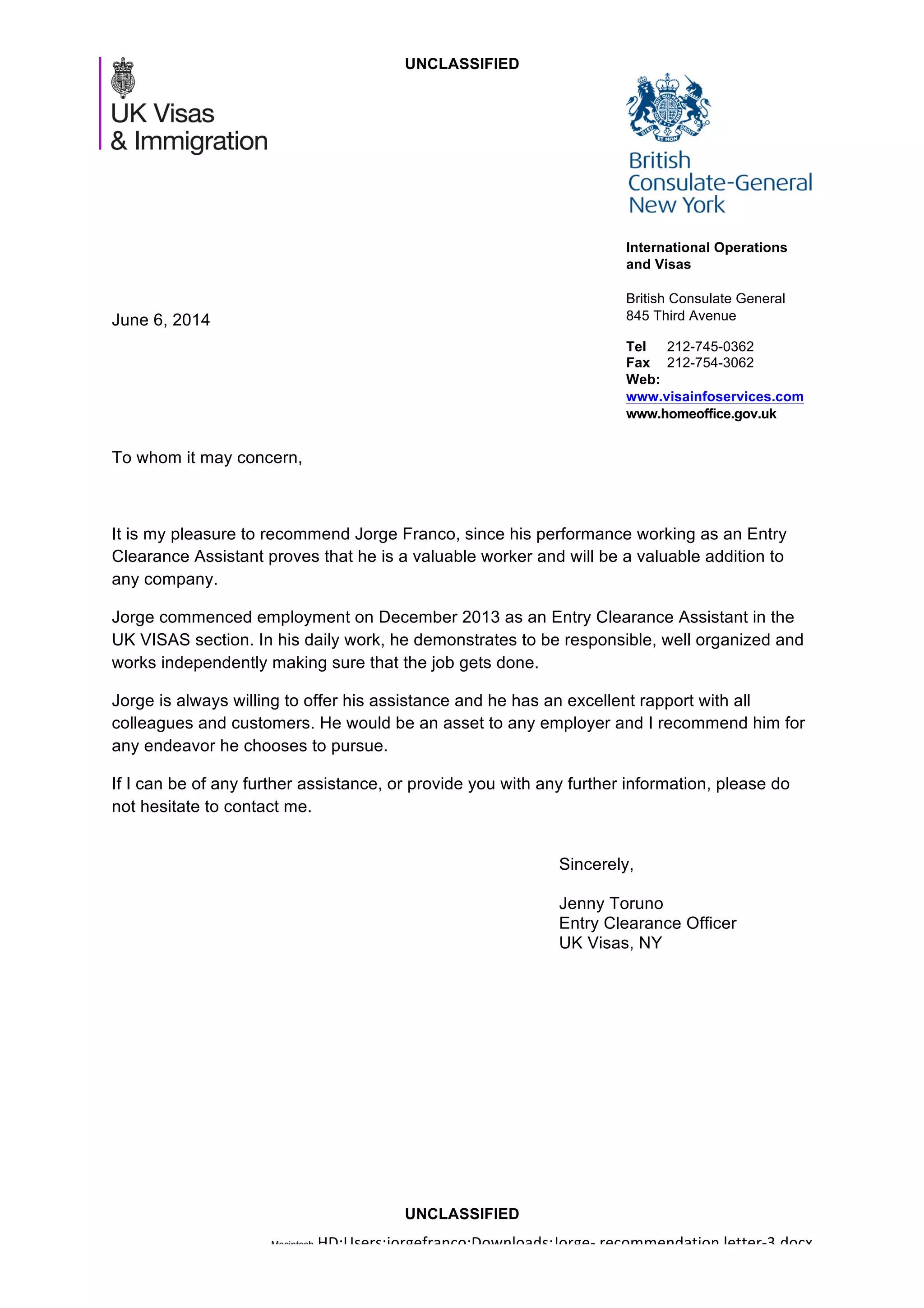 Jorge recommendation letter consulate | PDF