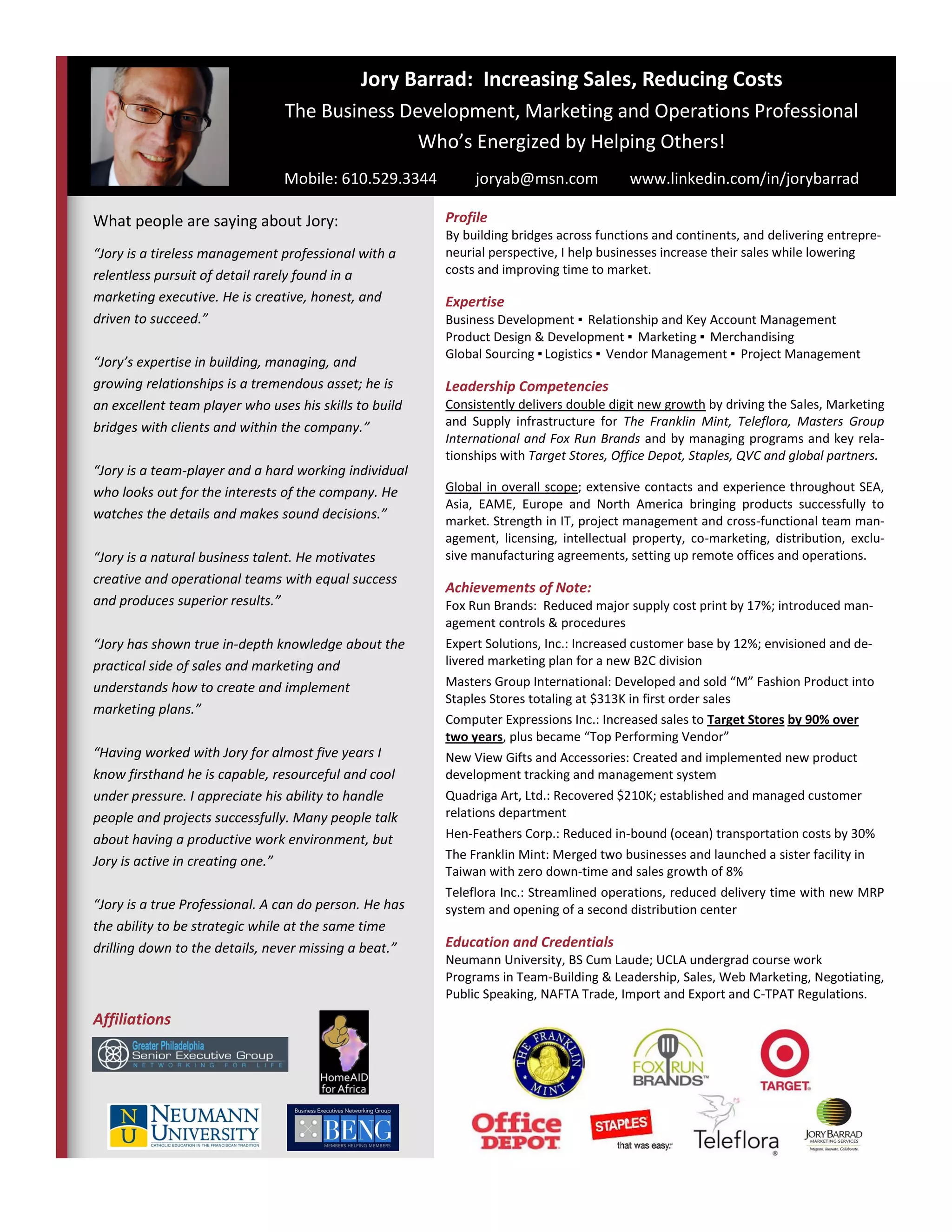 Jory Barrad Professional Bio | PDF | Sales | Business