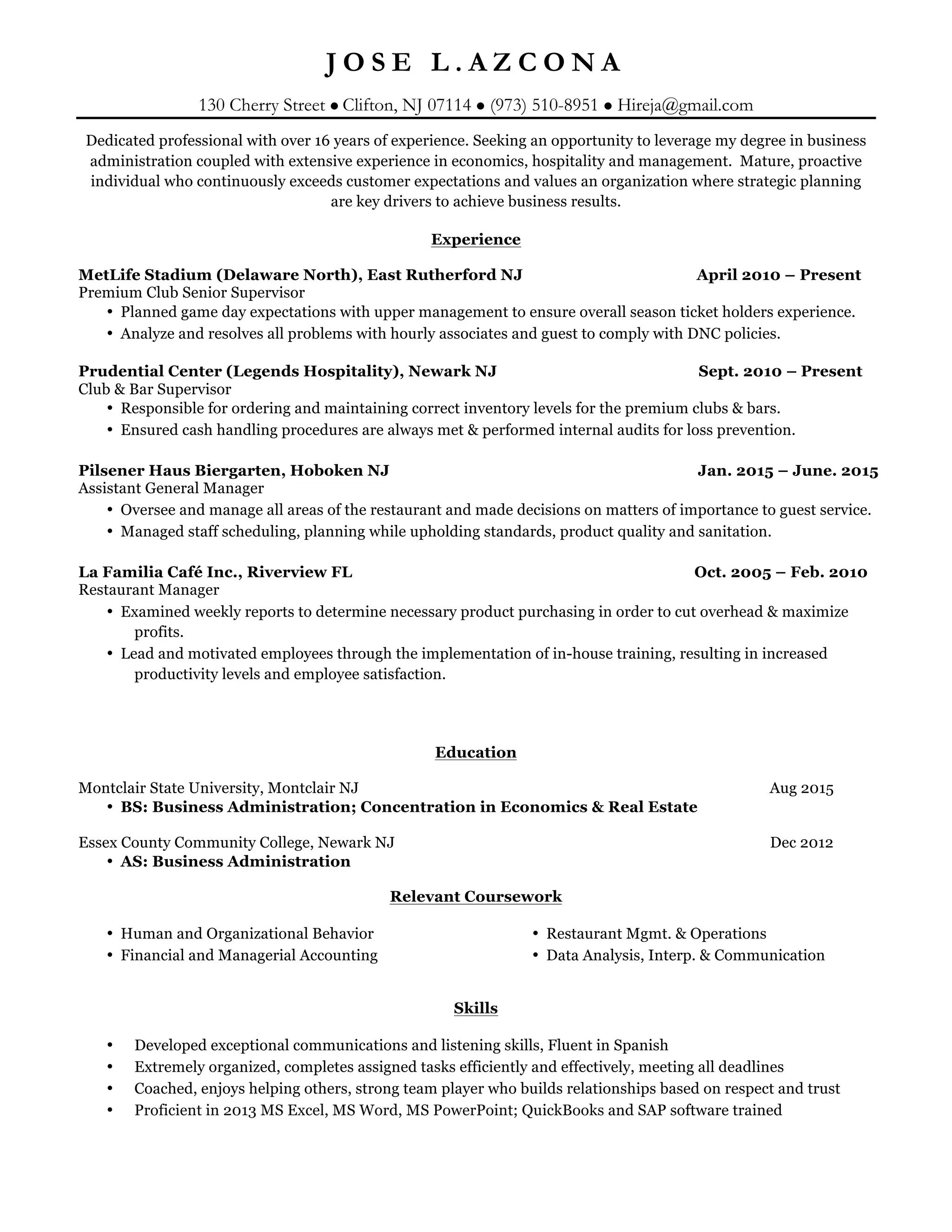 Jose L azcona Resume 2016 | PDF | Business Administration | Business