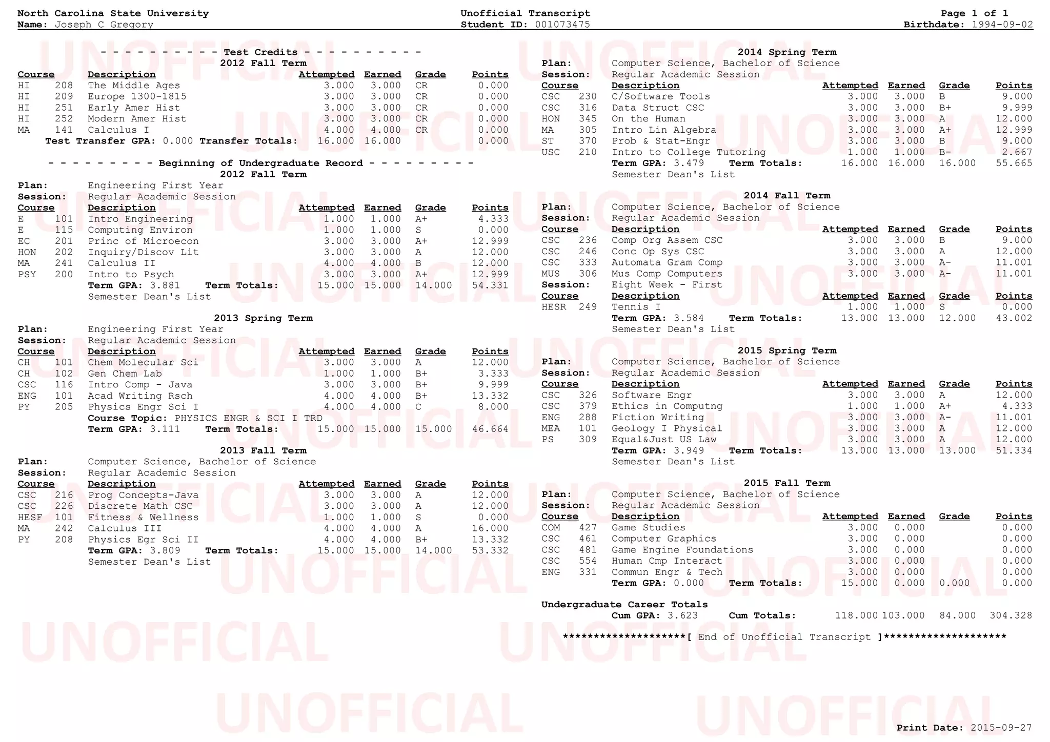 Joseph Gregory Unofficial Transcript | PPT